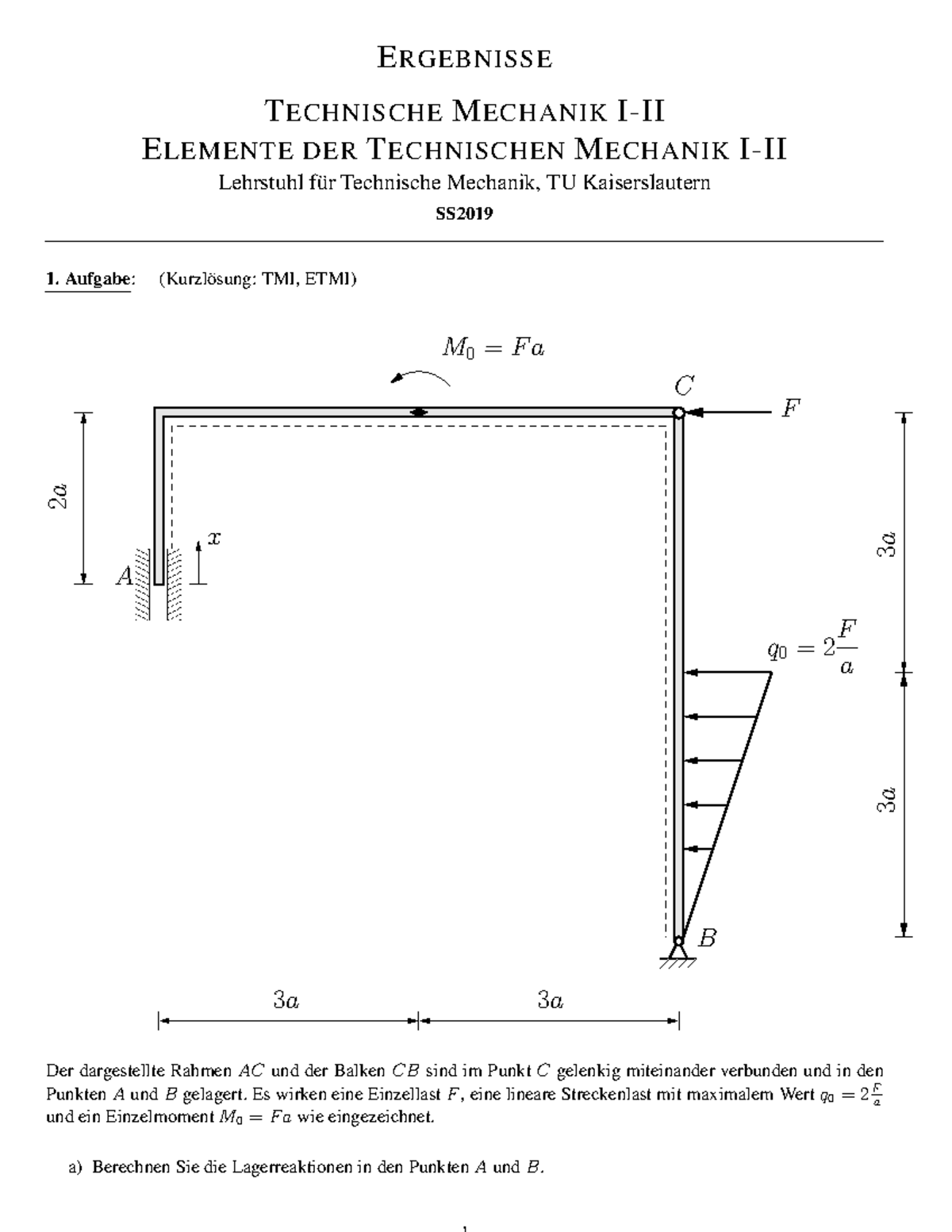 Kurzlösung Sommer Semester 2019 - ERGEBNISSE TECHNISCHE MECHANIK I-II ELEMENTE DER TECHNISCHEN ...