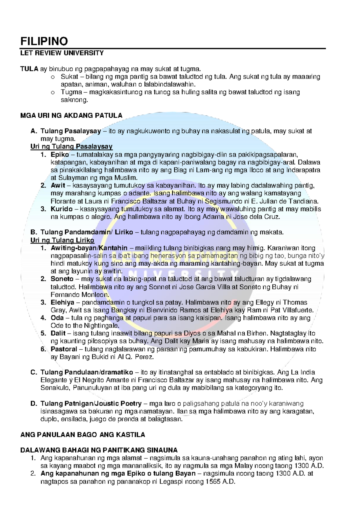 Filipino NOTE A - For review materials - FILIPINO LET REVIEW UNIVERSITY ...