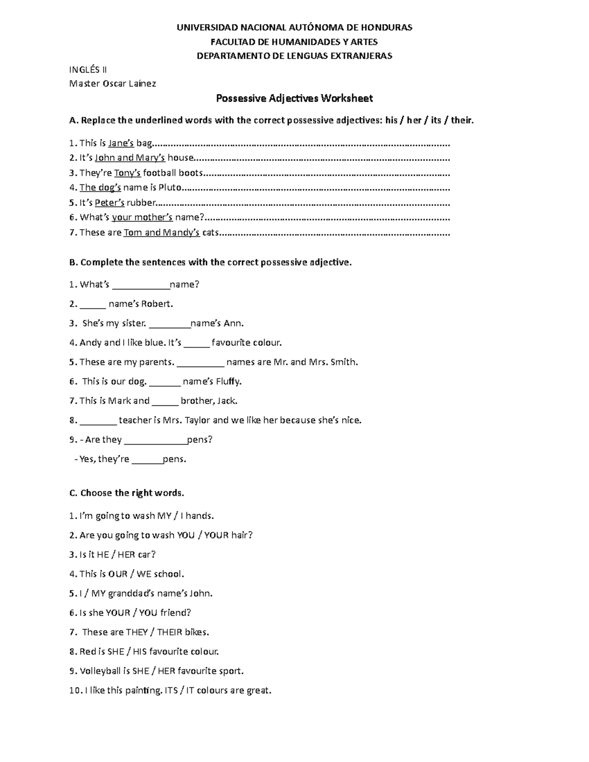 Possessive Adjectives Worksheet - UNIVERSIDAD NACIONAL AUTÓNOMA DE ...