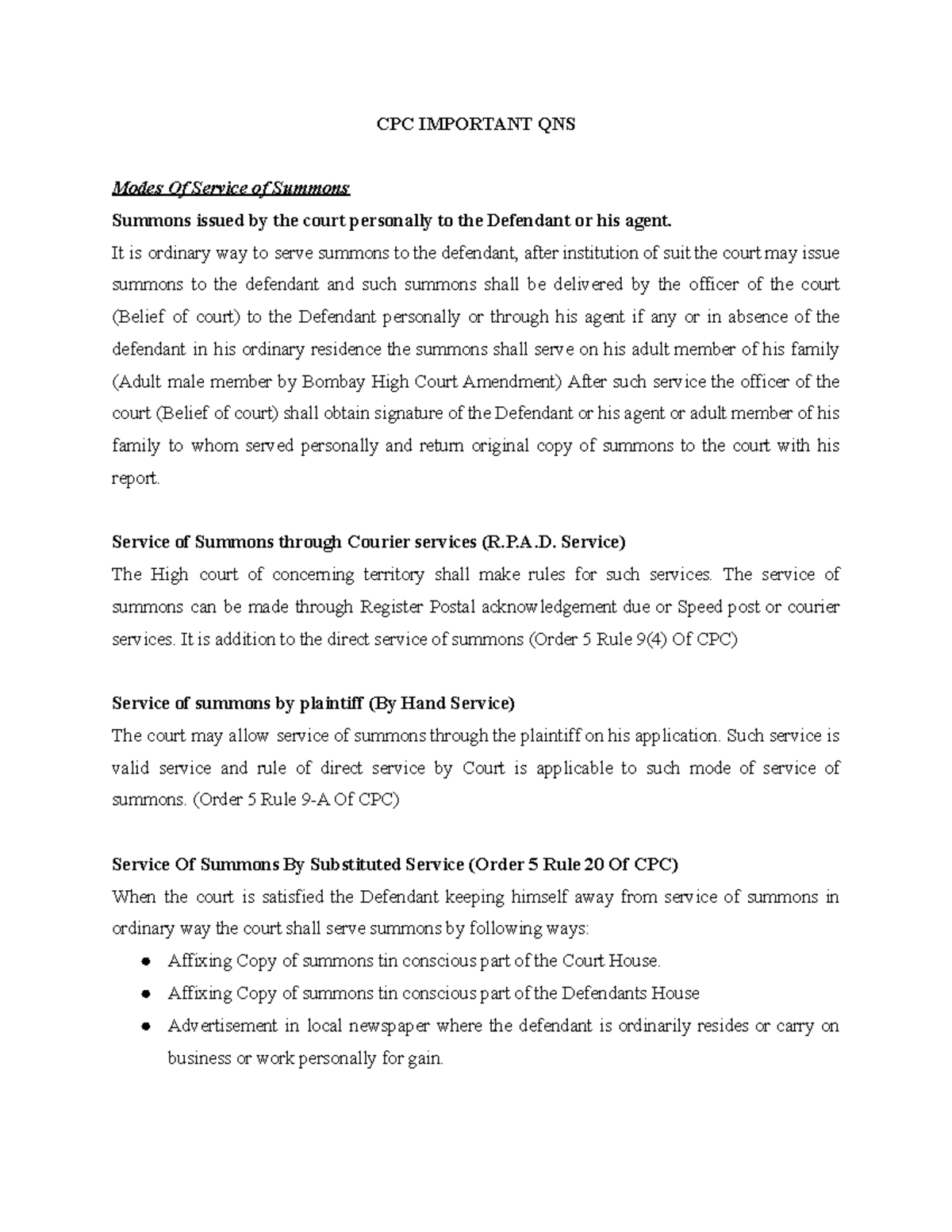 CPC Important Qns - CPC IMPORTANT QNS Modes Of Service of Summons ...