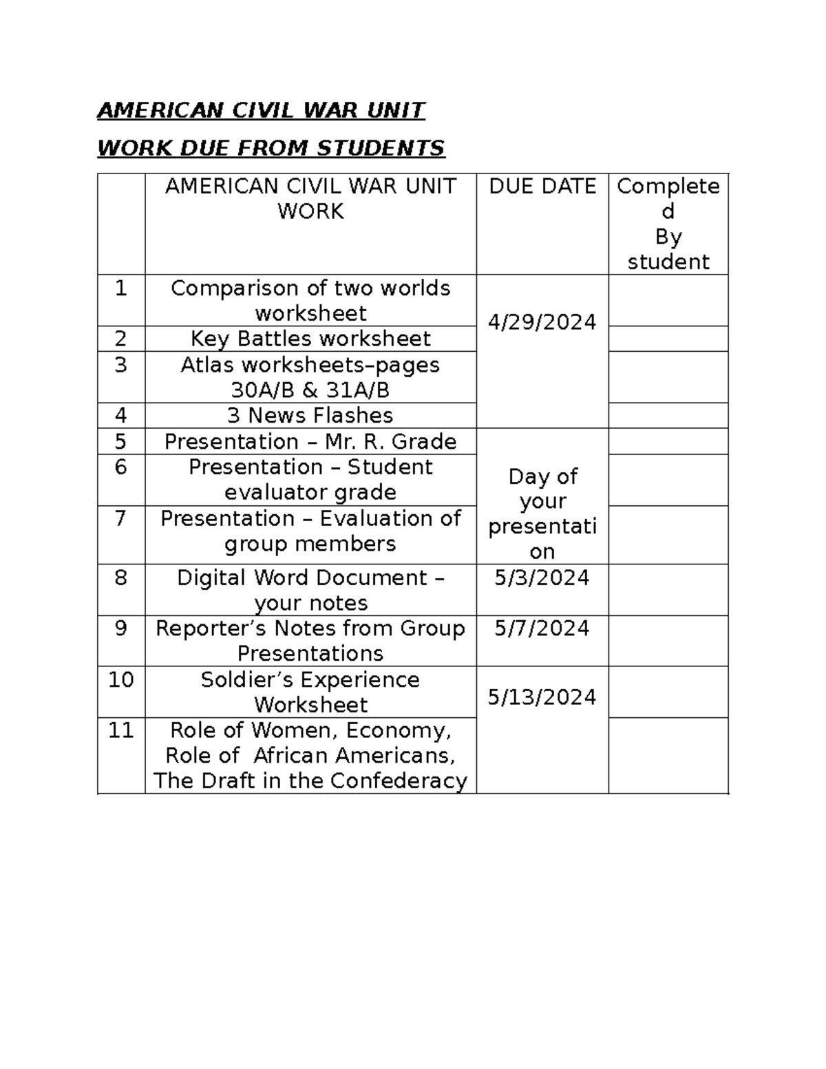 2024 - Student WORK DUE - American Civil WAR UNIT - AMERICAN CIVIL WAR ...