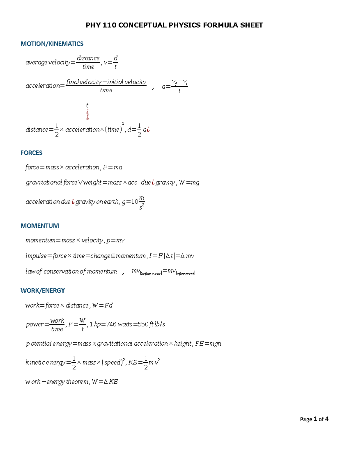 Phy110 formulasheet for smester - PHY-110 - Wake Tech - Studocu