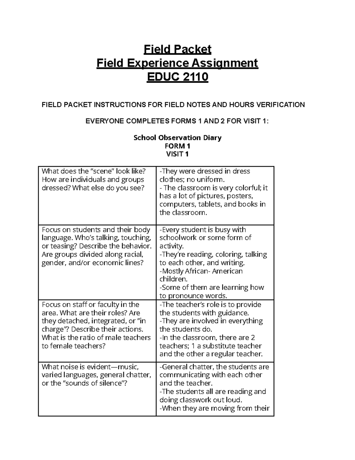 Field Packet Field Experience Assignment - Studocu