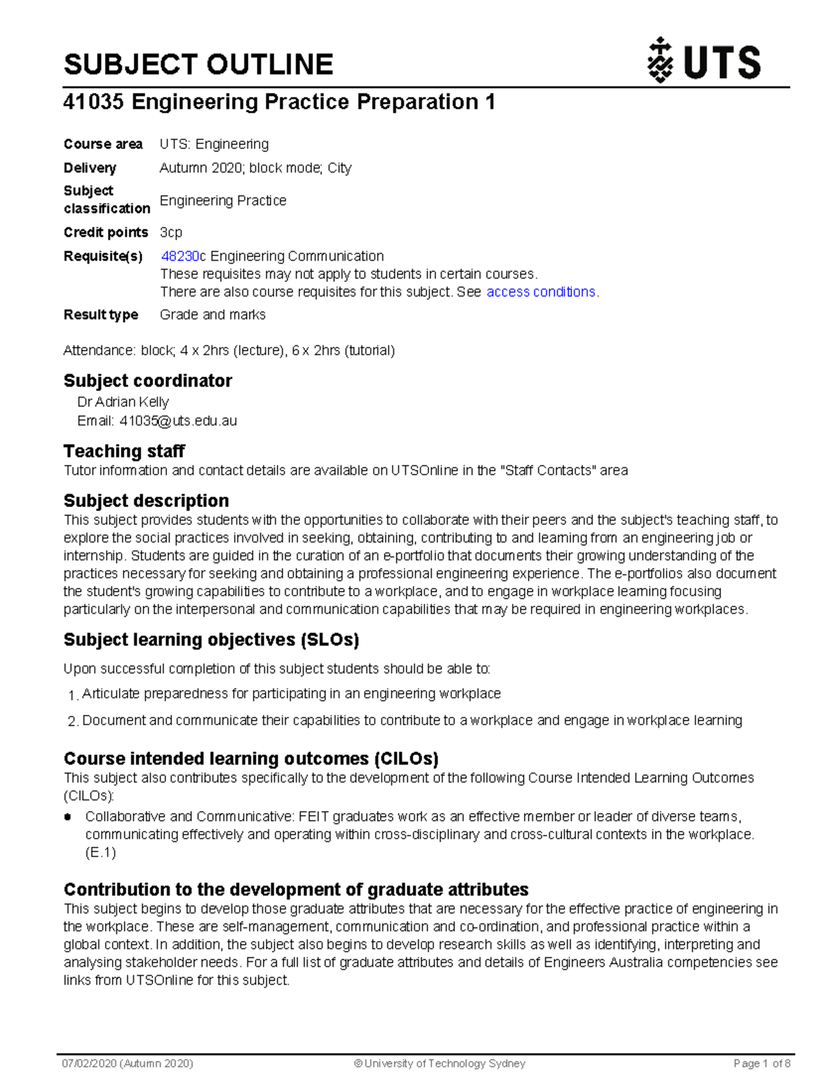 41035 Engineering Practice Preparation 1 - SUBJECT OUTLINE 41035 ...