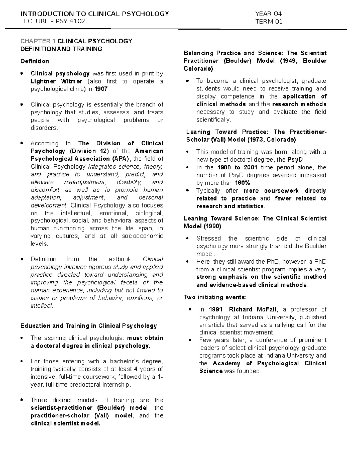 Notes LECTURE PSY 4102 CHAPTER 1 CLINICAL PSYCHOLOGY DEFINITION AND