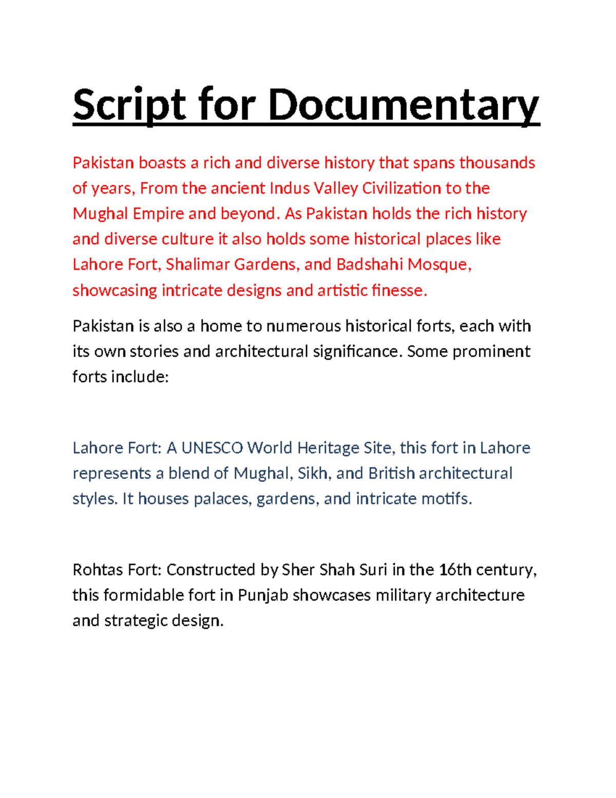 Script for pkstd docuementry - Script for Documentary Pakistan boasts a ...