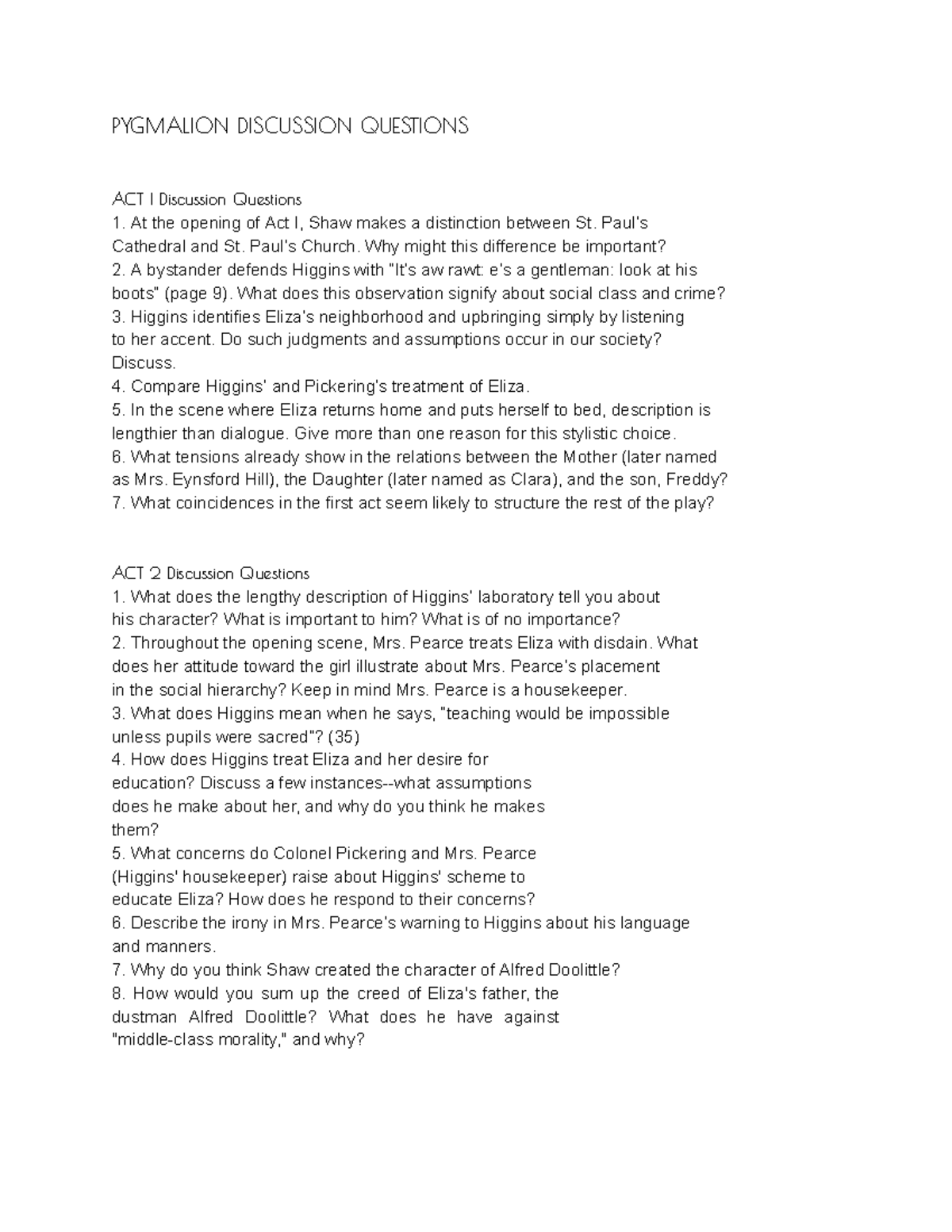Pygmalion Discussion Questions - PYGMALION DISCUSSION QUESTIONS ACT I ...