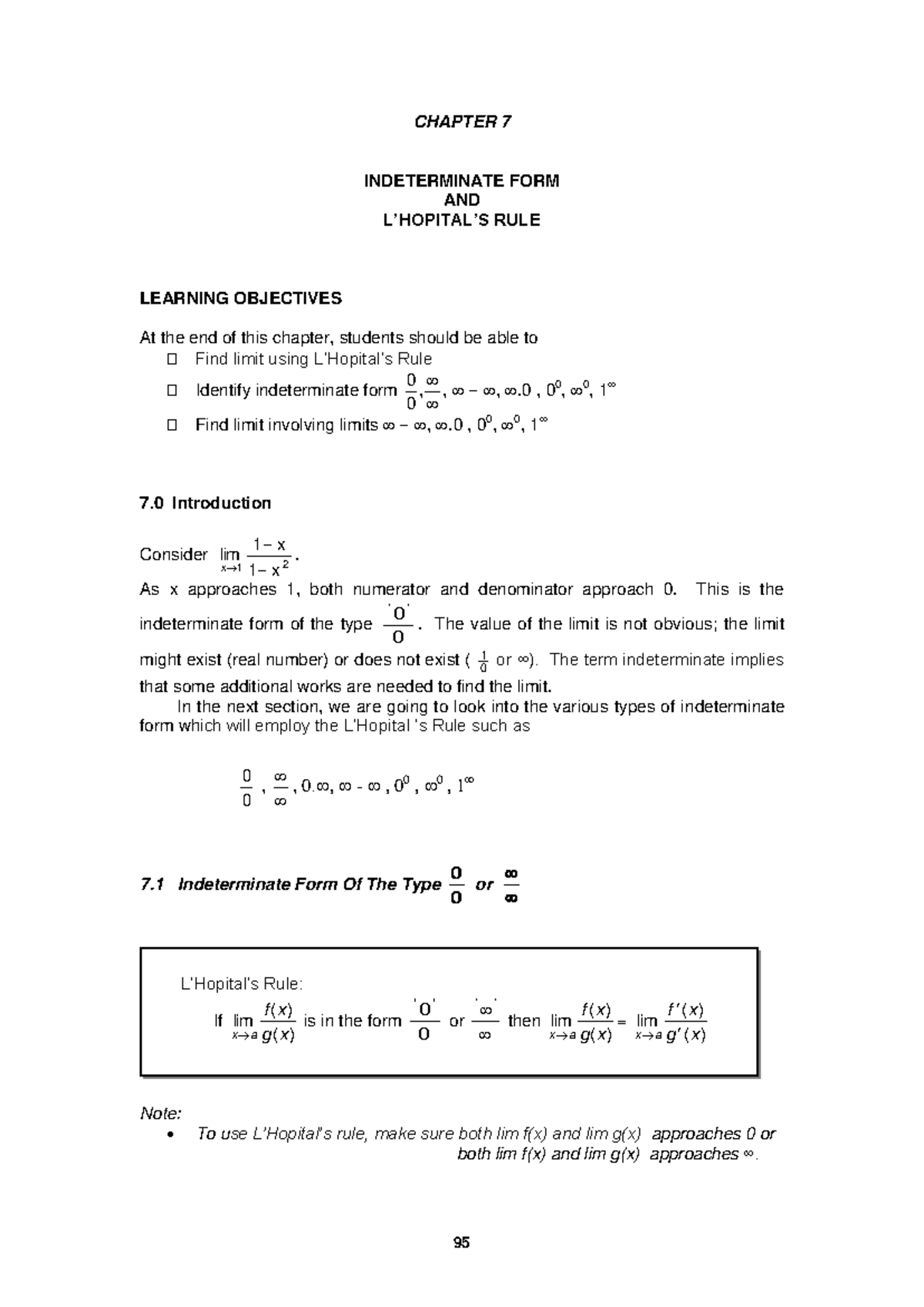 6 Indeterminate FOR AND L Hopital Rules - 95 ####### CHAPTER 7 ...