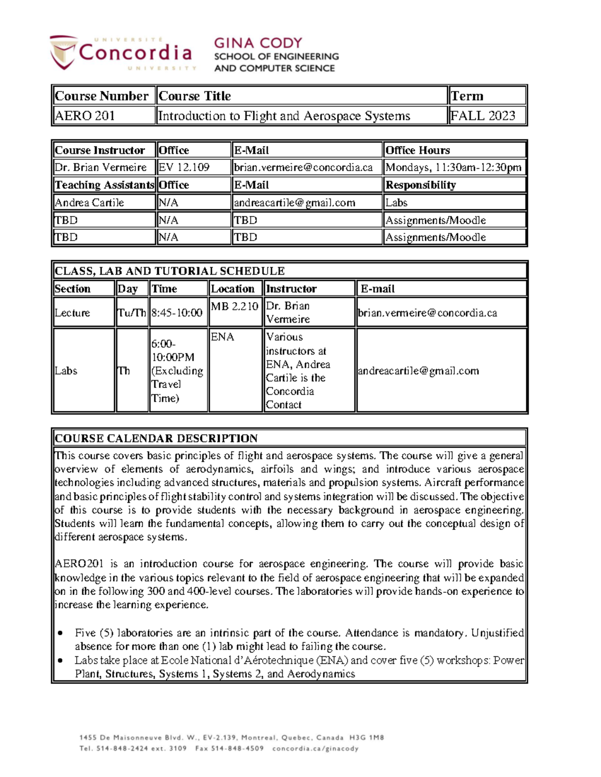 AERO 201 Course Outline - Course Number Course Title Term AERO 201 ...