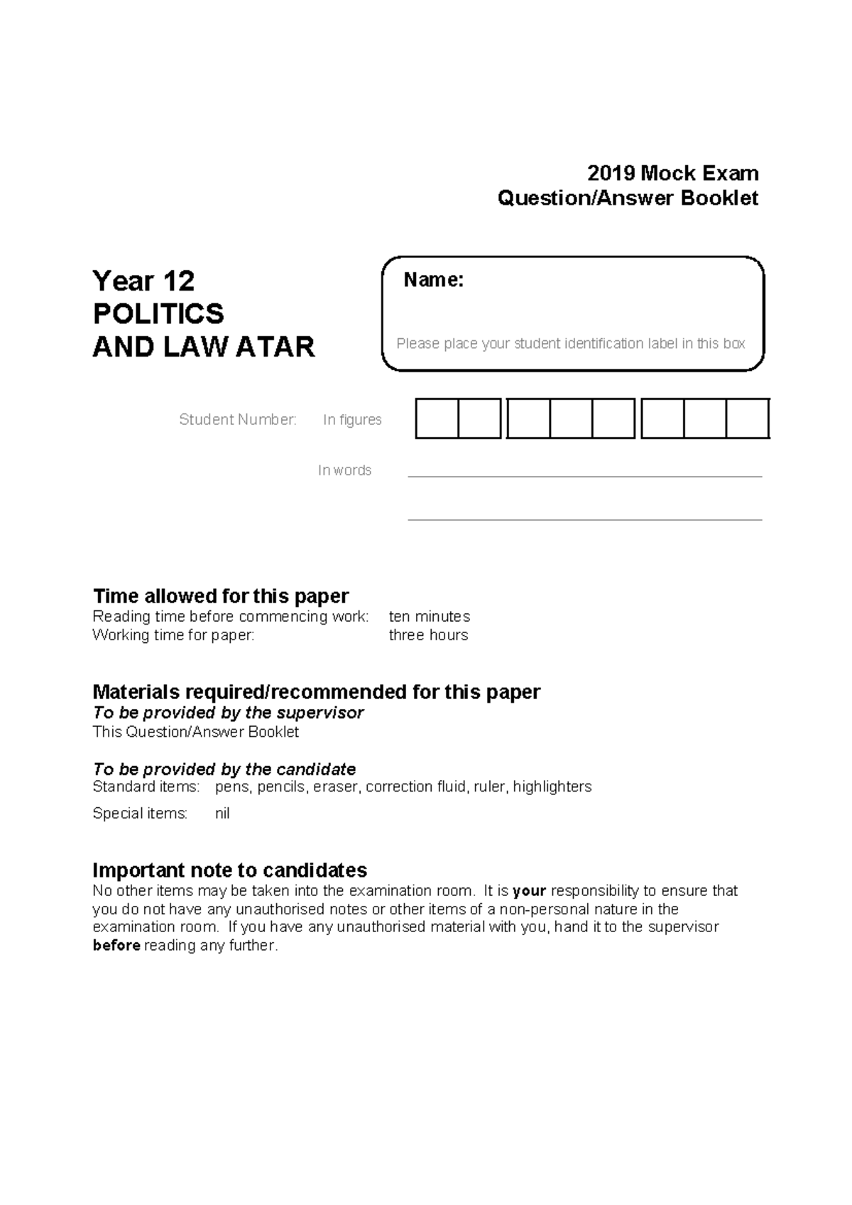 2019 Mock Exam final draft - 2019 Mock Exam Question/Answer Booklet ...