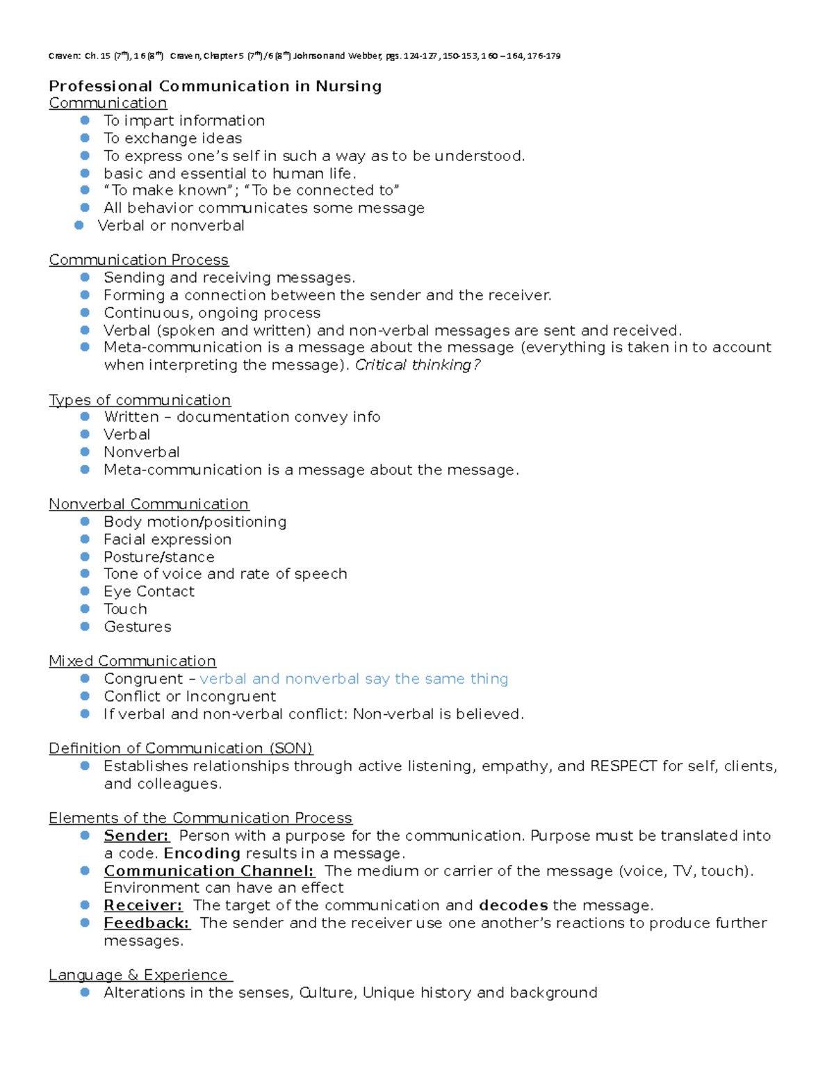 Professional Communication Outline - Craven: Ch. 15 (7th), 16 (8th ...