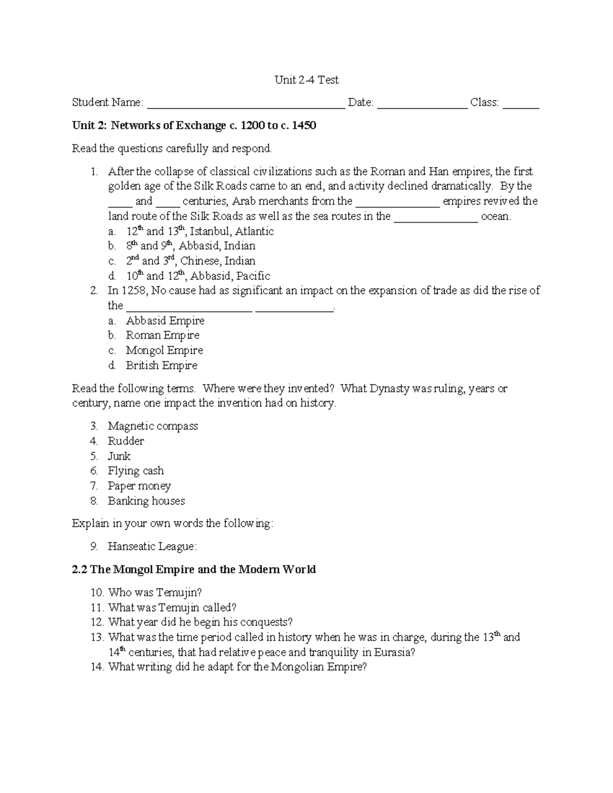 APWH test for unit 2 3 and 4 - Unit 2-4 Test Student Name
