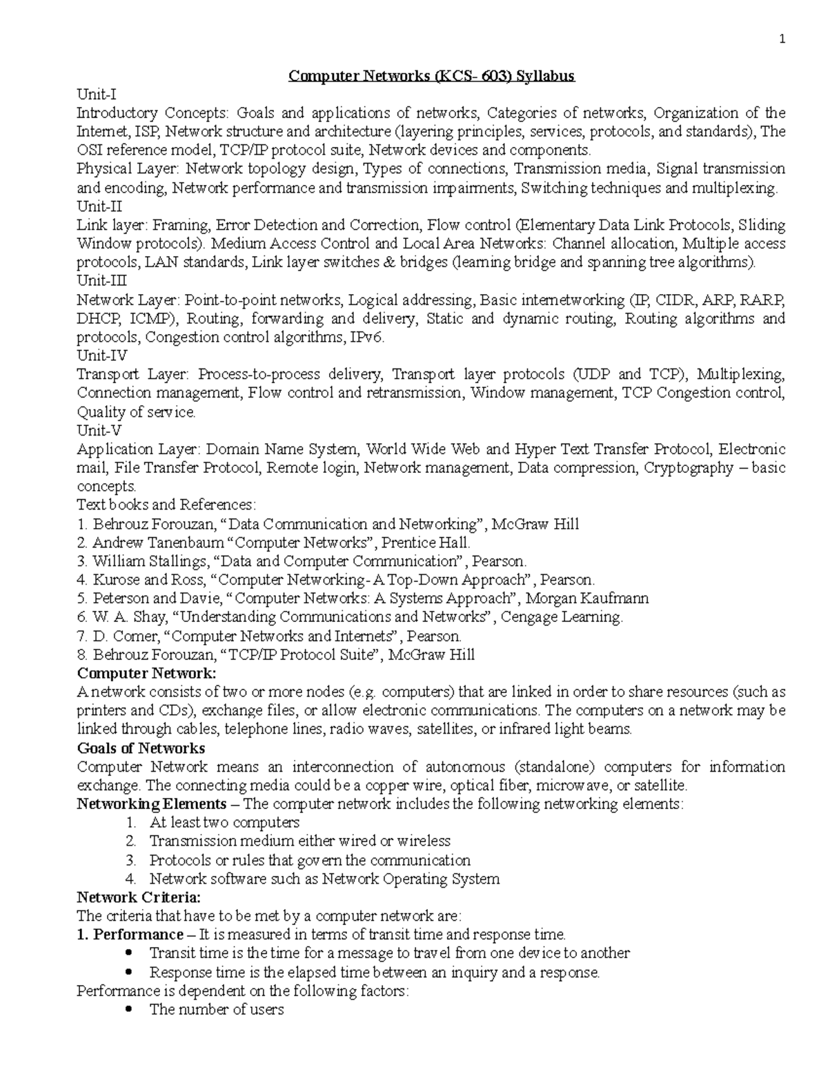CN Notes Unit-1 - Computer Networks (KCS- 603) Syllabus Unit-I ...