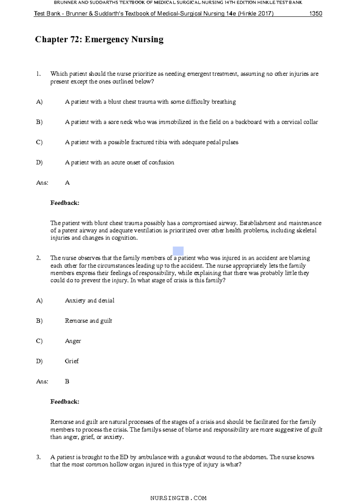 Ch 72 - brunner - Chapter 72: Emergency Nursing Which patient should ...