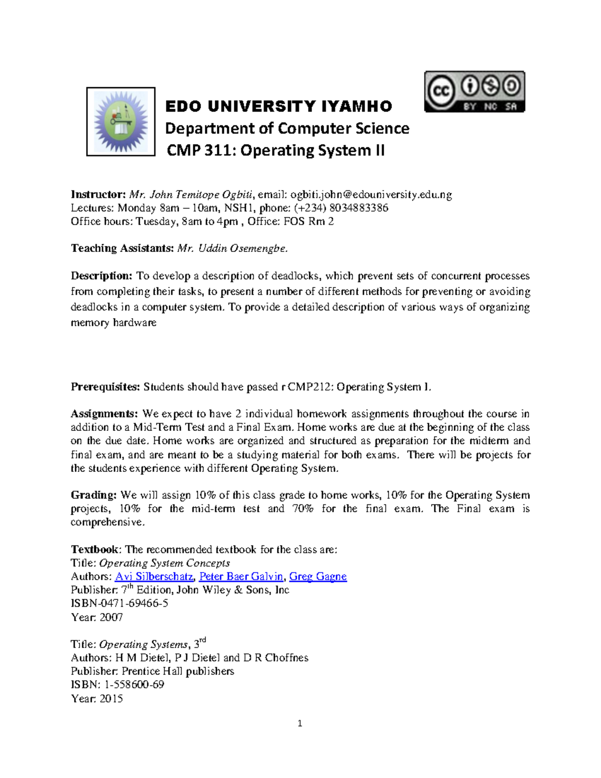 Operating System Ii Lecture Note Edo University Iyamho Department Of