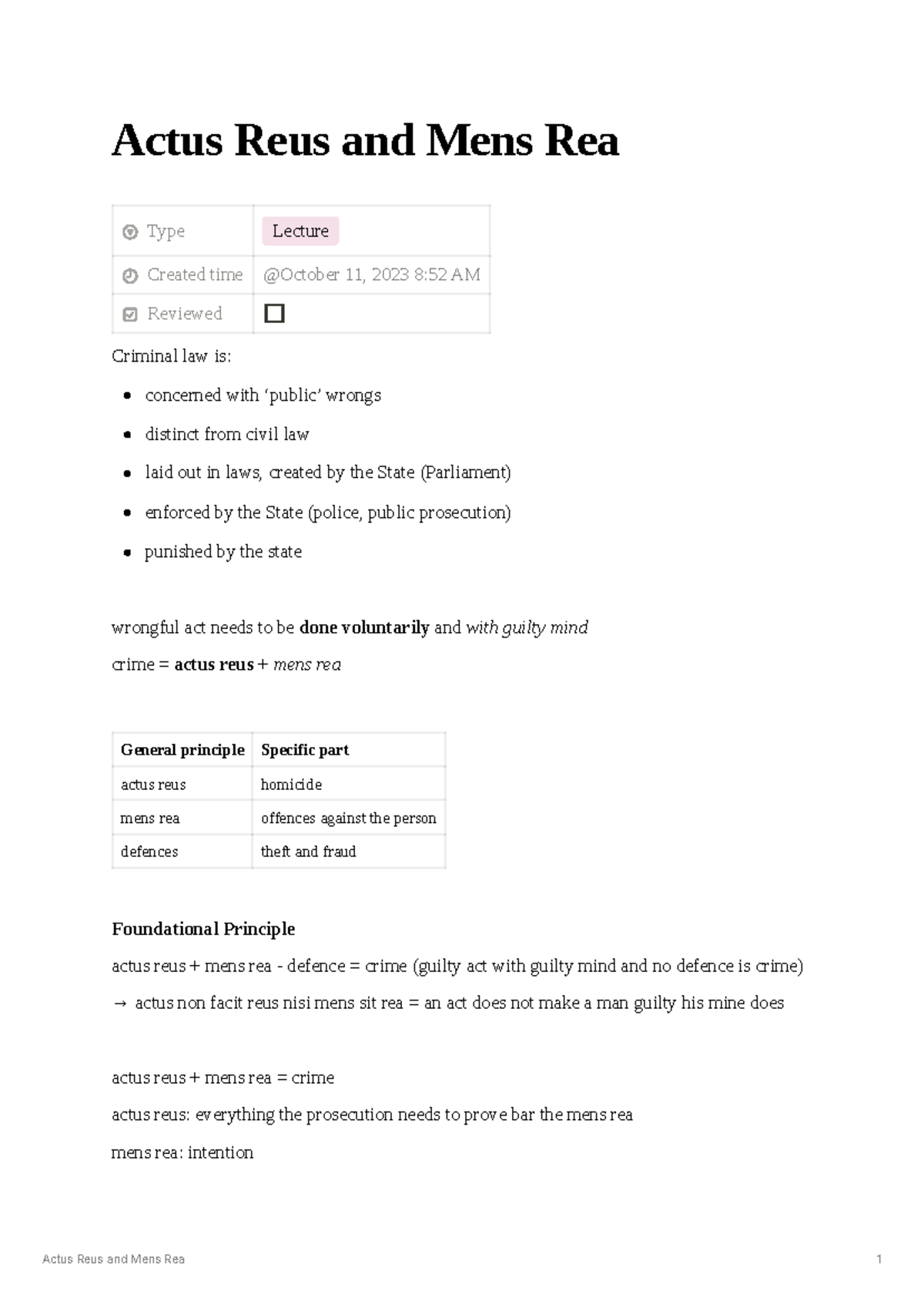 Crim Law Actus Reus and Mens Rea - Actus Reus and Mens Rea Type Lecture Created time Reviewed ...