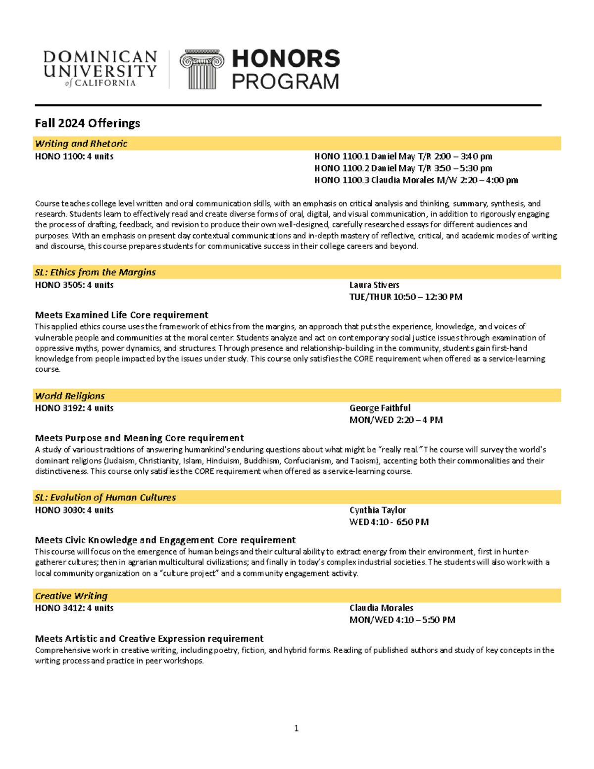 F24 HO Course Offerings Flyer - 1 Fall 2024 Offerings Writing and ...