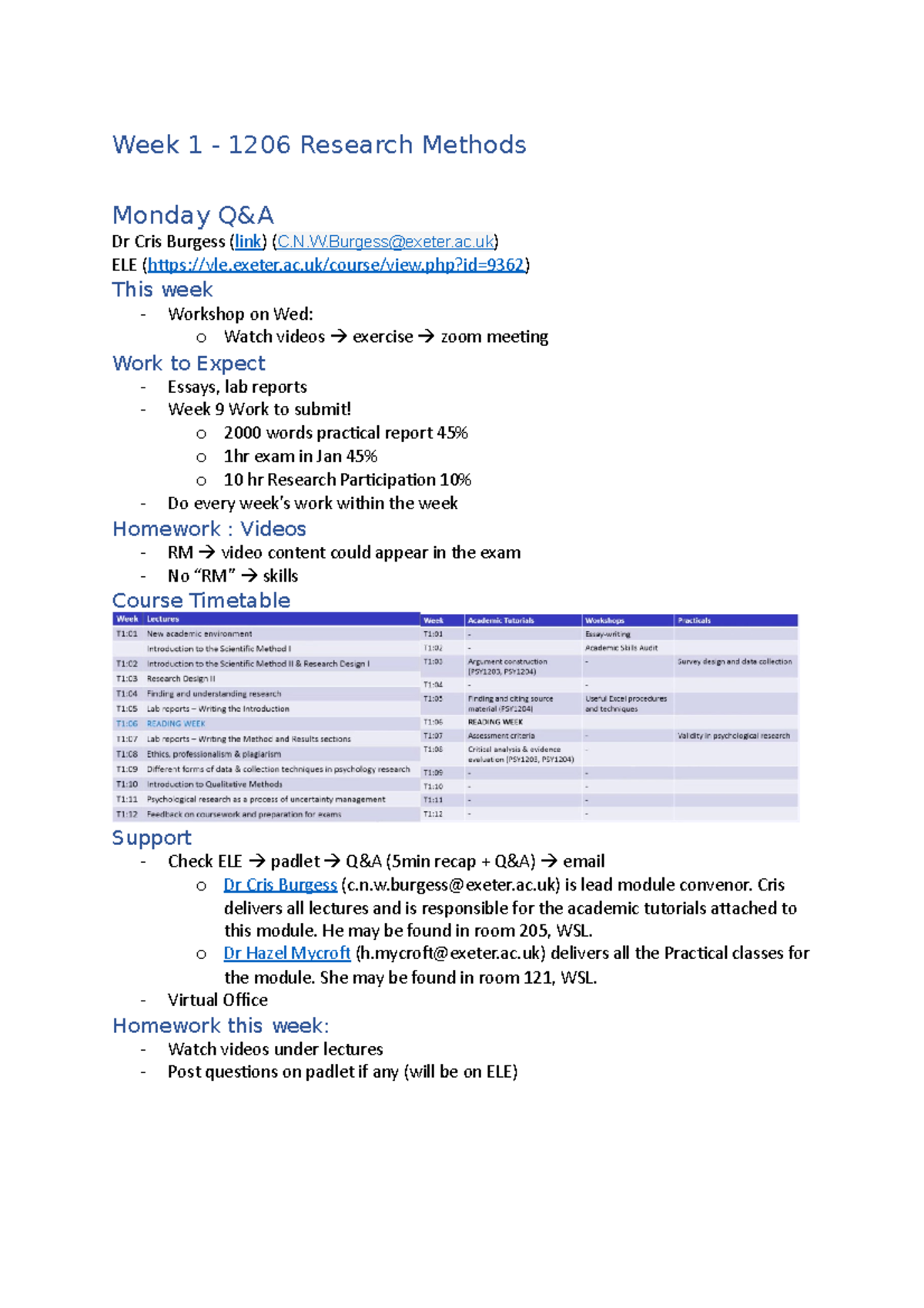 Week One Lecture Notes - Week 1 - 1206 Research Methods Monday Q&A Dr ...
