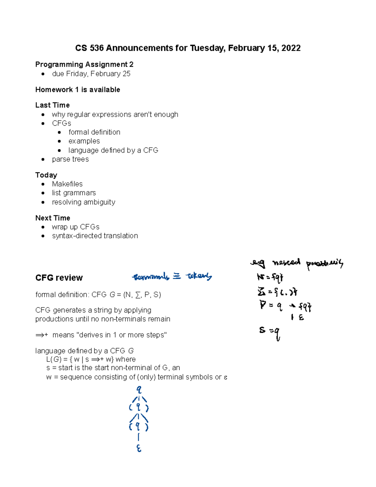 Lec - Week4 - CS 536 Announcements for Tuesday, February 15, 2022 Programming Assignment 2 due ...