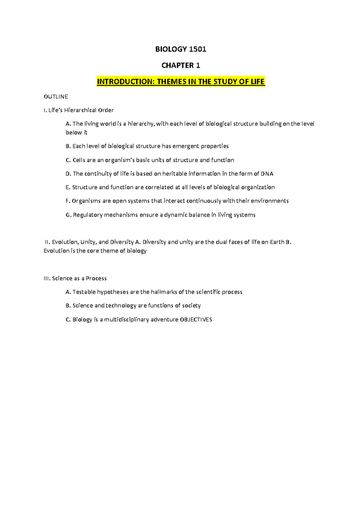 Merged notes - BIOLOGY 1501 CHAPTER 1 INTRODUCTION: THEMES IN THE STUDY ...