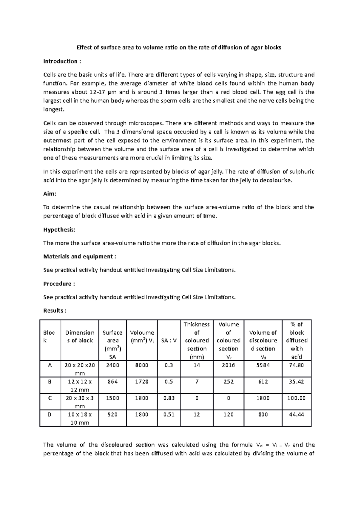 Effect of surface area to volume ratio on the rate of diffusion of agar ...