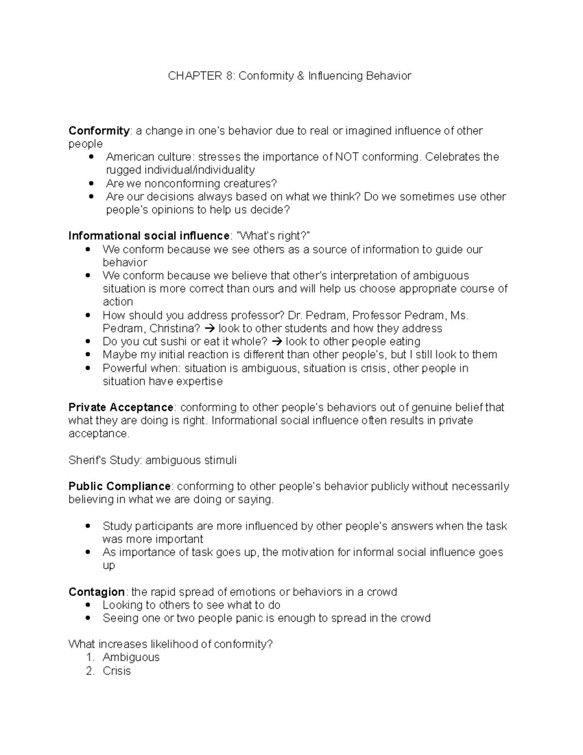 PSY 350 - Chapter 8 - "Conformity and Influencing Behavior" - CHAPTER 8 ...