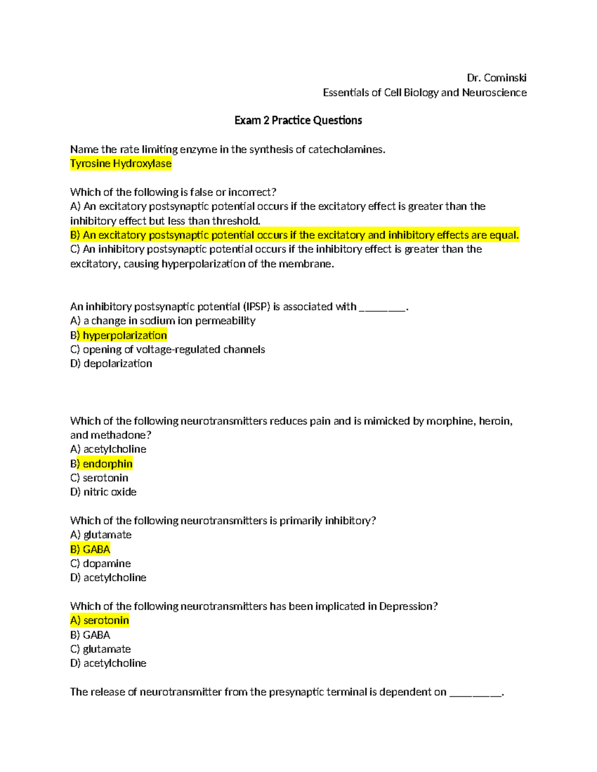 Exam 2 Practice Questions answers - Dr. Cominski Essentials of Cell ...
