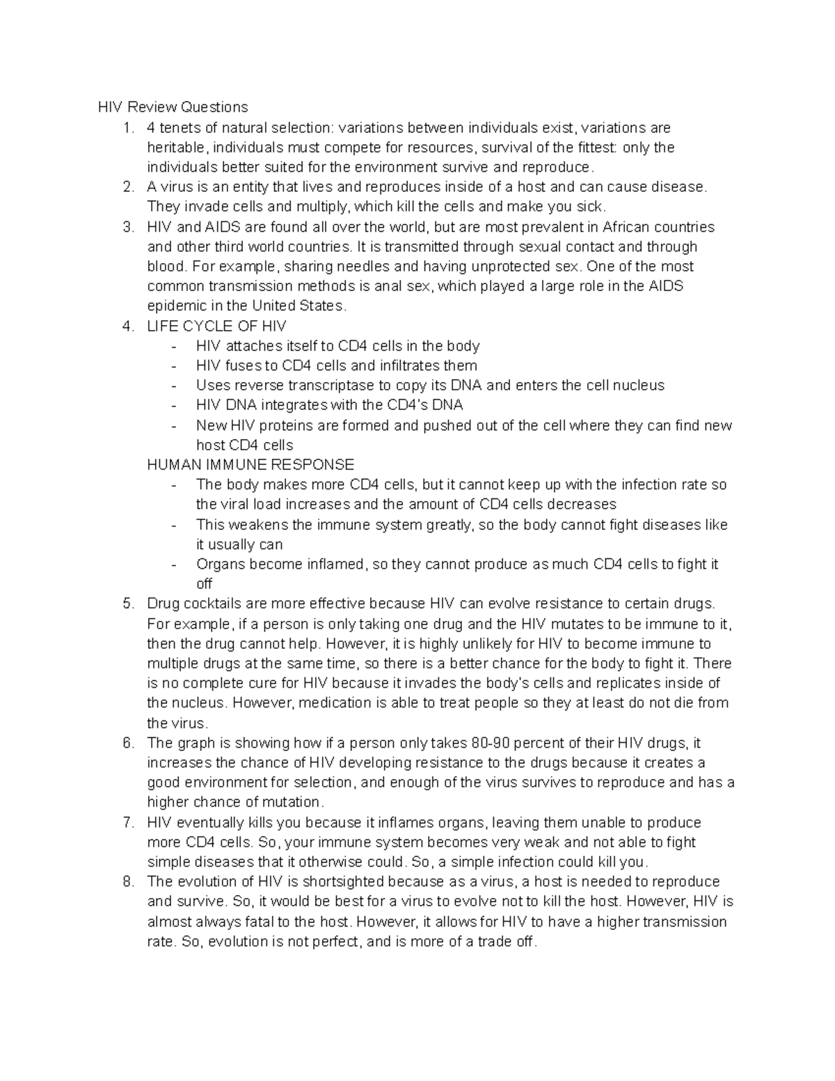 HIV Review Questions - 4 tenets of natural selection: variations ...