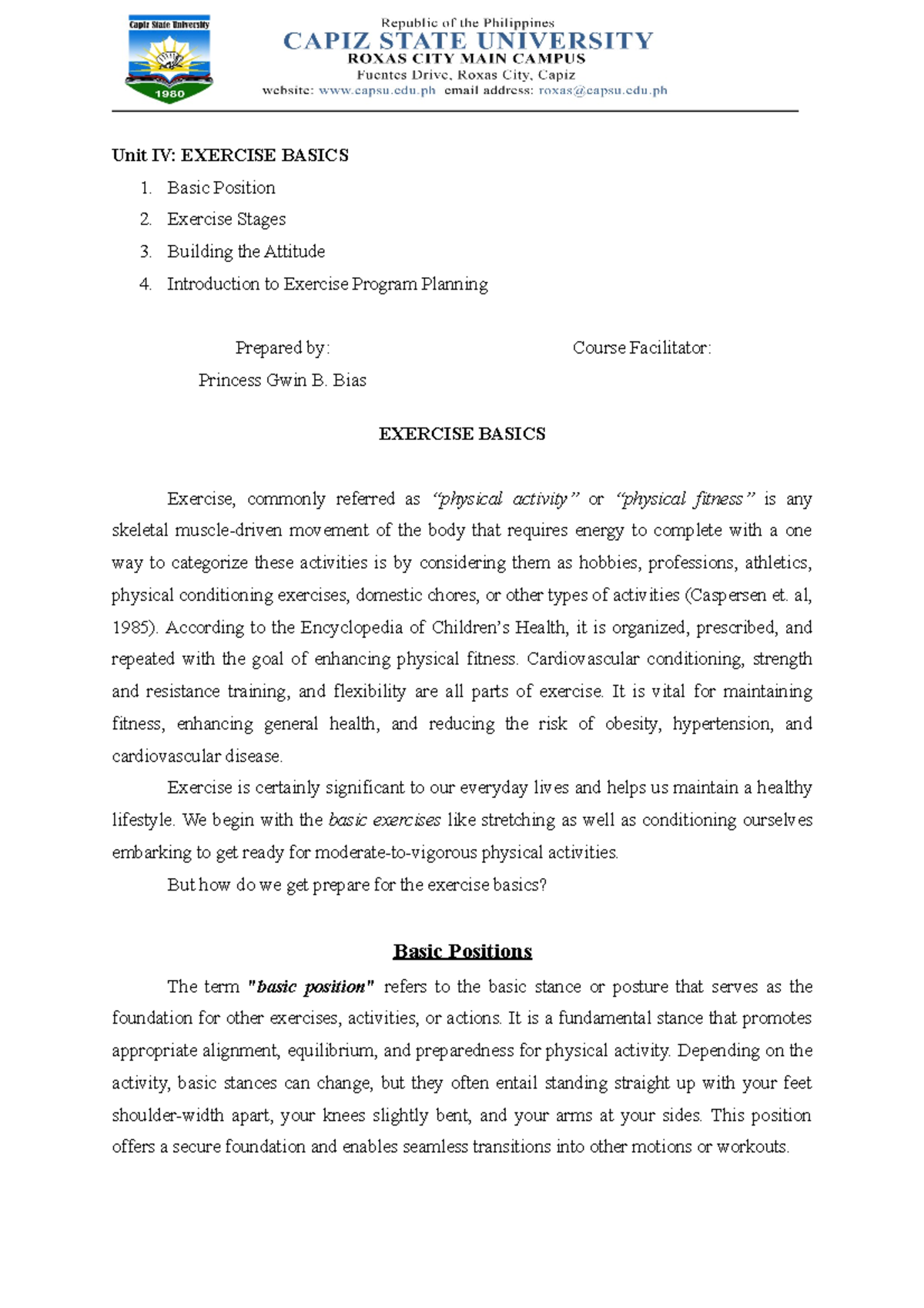 01 PE 101 Movement Enhancement IV Exercise Basics 1 - Unit IV: EXERCISE ...