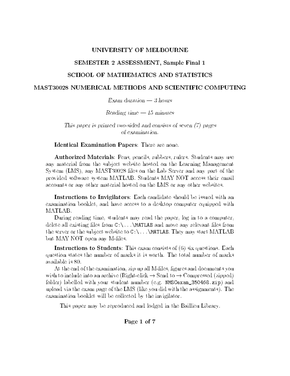 2022 Sample Exam 1 - UNIVERSITY OF MELBOURNE SEMESTER 2 ASSESSMENT ...