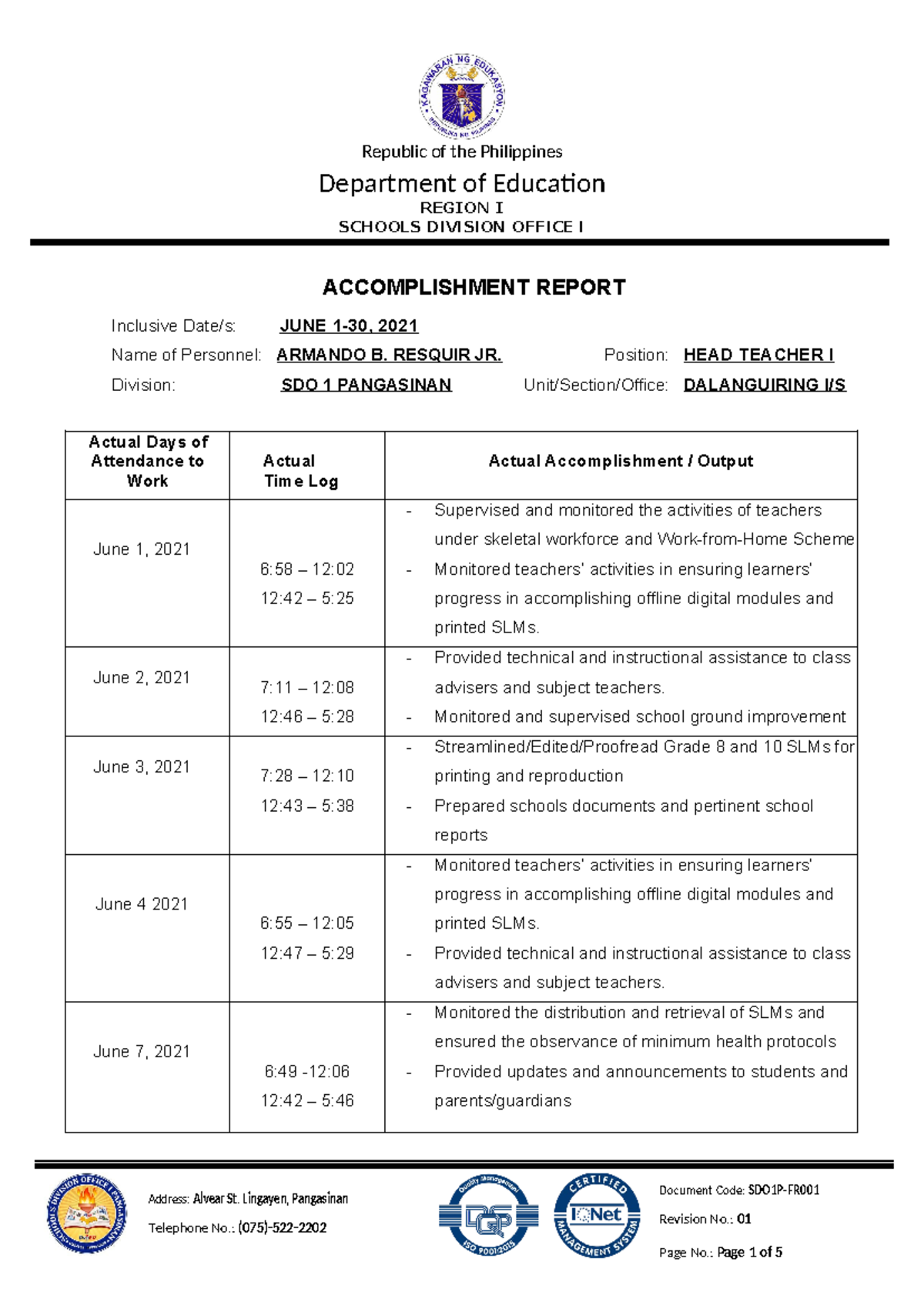 Accomplishment - DTR - Monitoring and Supervision - Department of ...