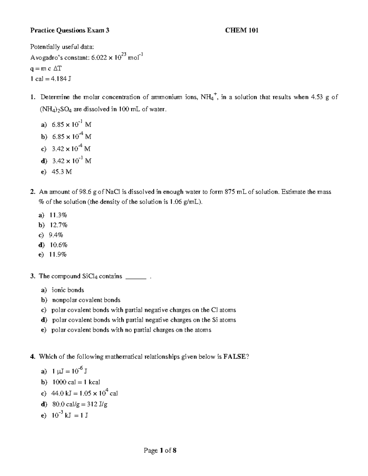 Practice Questions-Exam 3 (W24) - Practice Questions Exam 3 CHEM 101 Potentially useful data ...