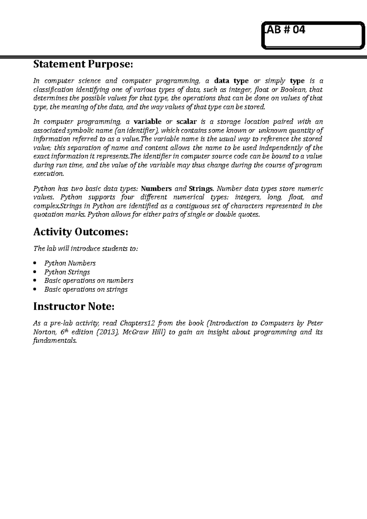 LAB 5 - Helpful for students - Statement Purpose: In computer science ...