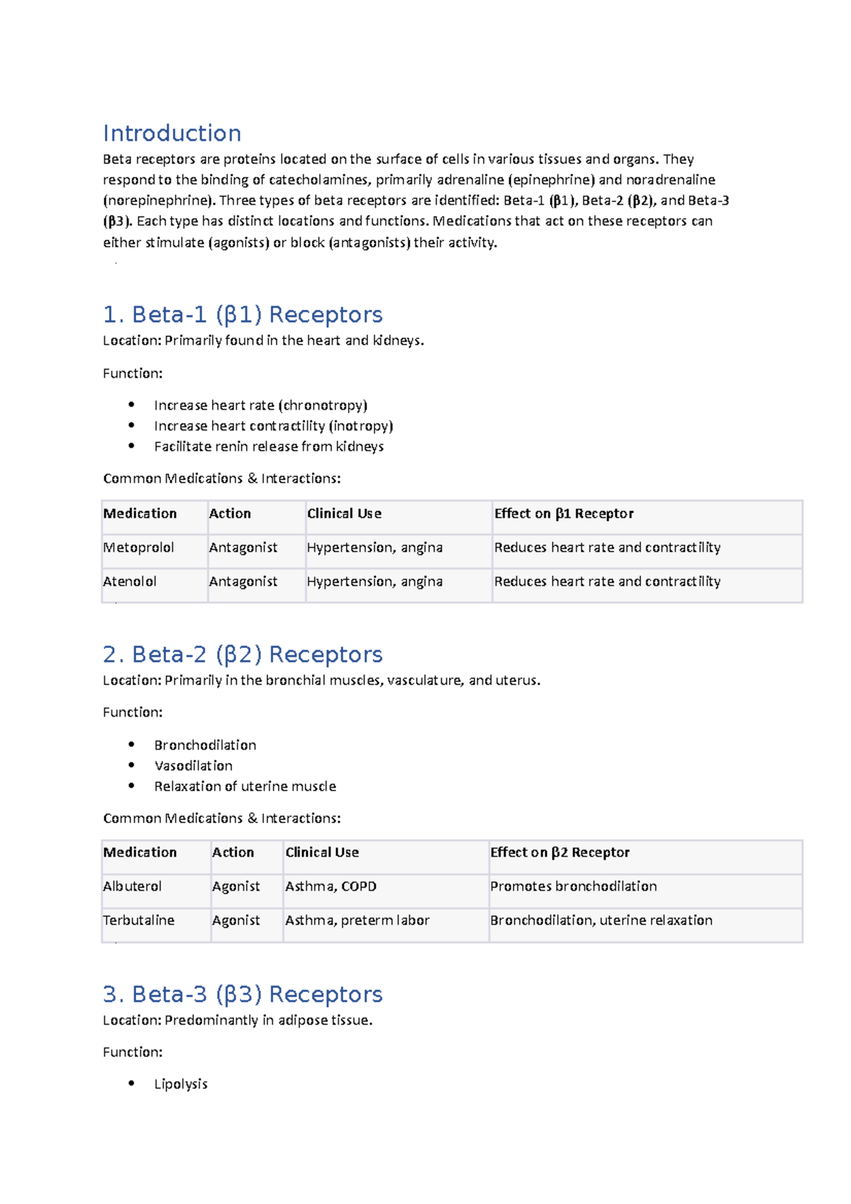 Beta receptor pharmacology - Introduction Beta receptors are proteins ...