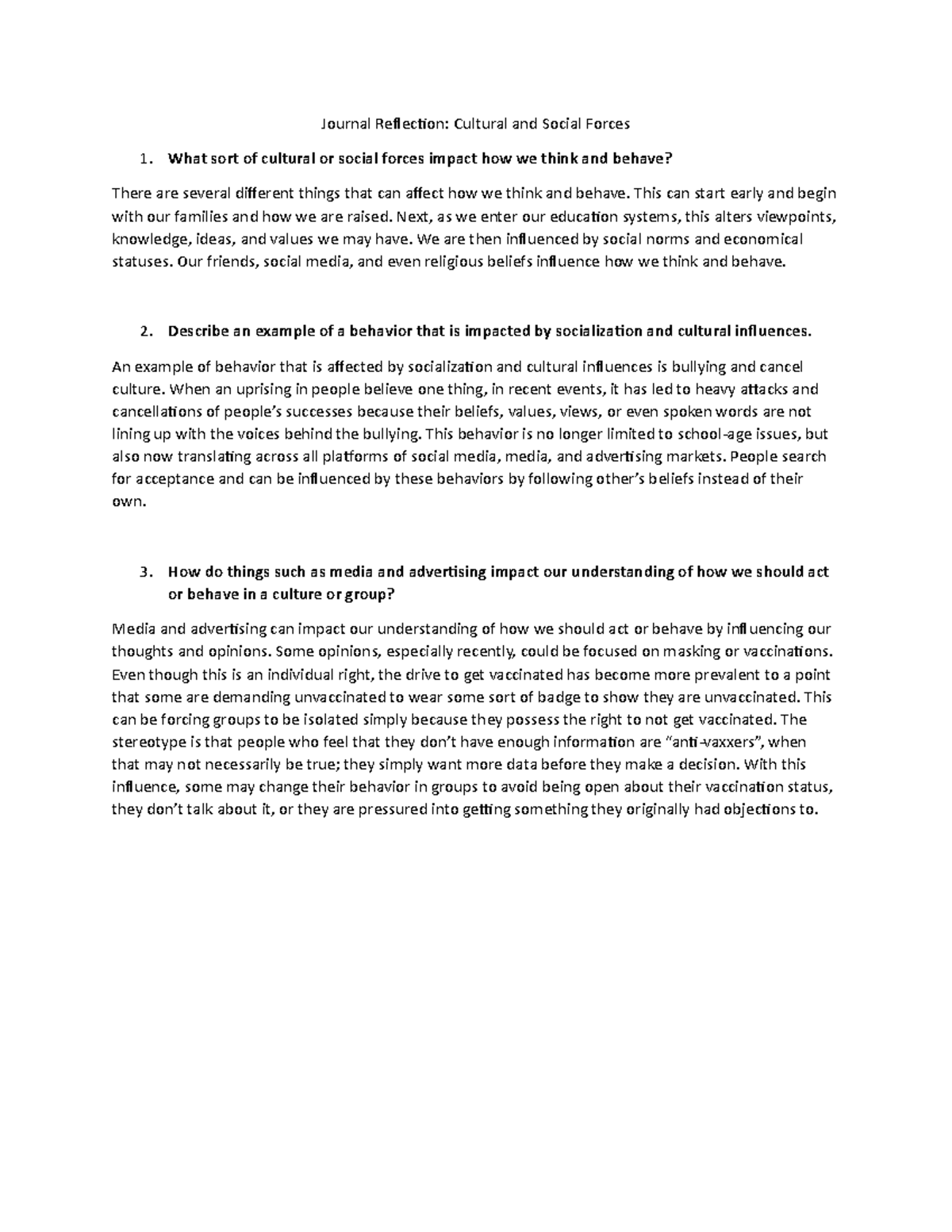 SCS 100 3-4 Journal Reflection-Cultural and Social Forces - Journal ...