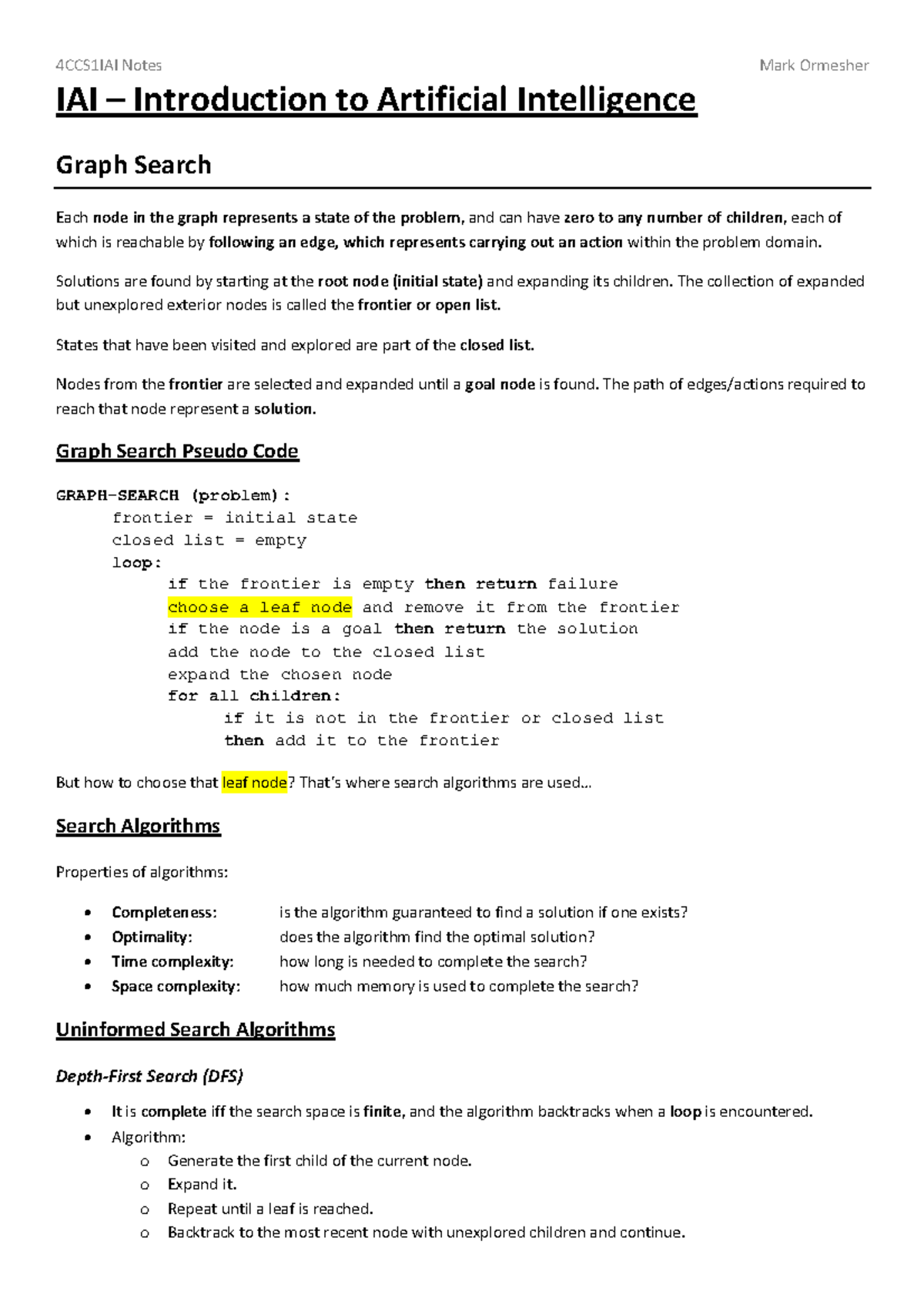 IAI Notes - IAI – Introduction to Artificial Intelligence Graph Search ...