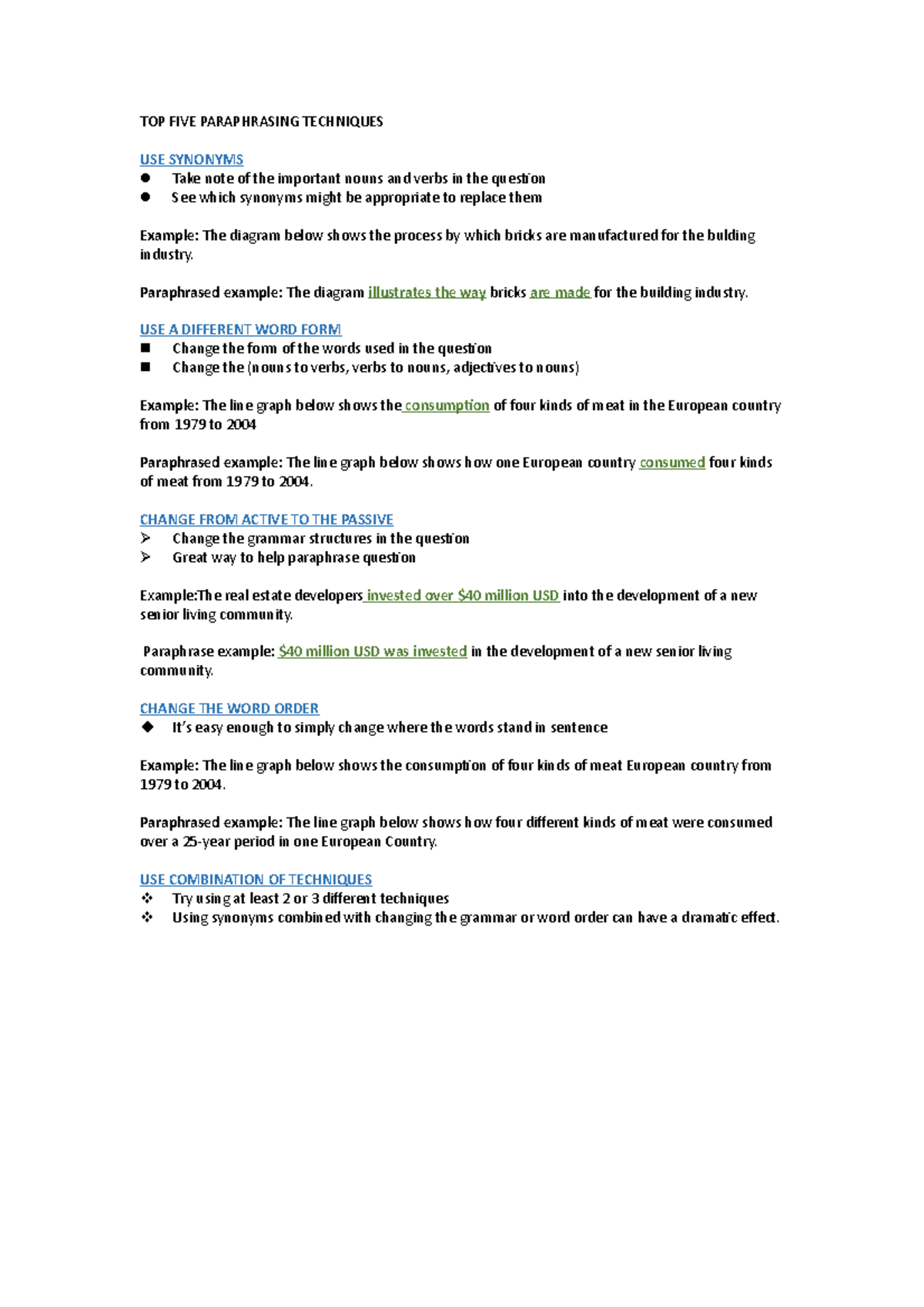 Elc121 note - ELC - TOP FIVE PARAPHRASING TECHNIQUES USE SYNONYMS Take ...