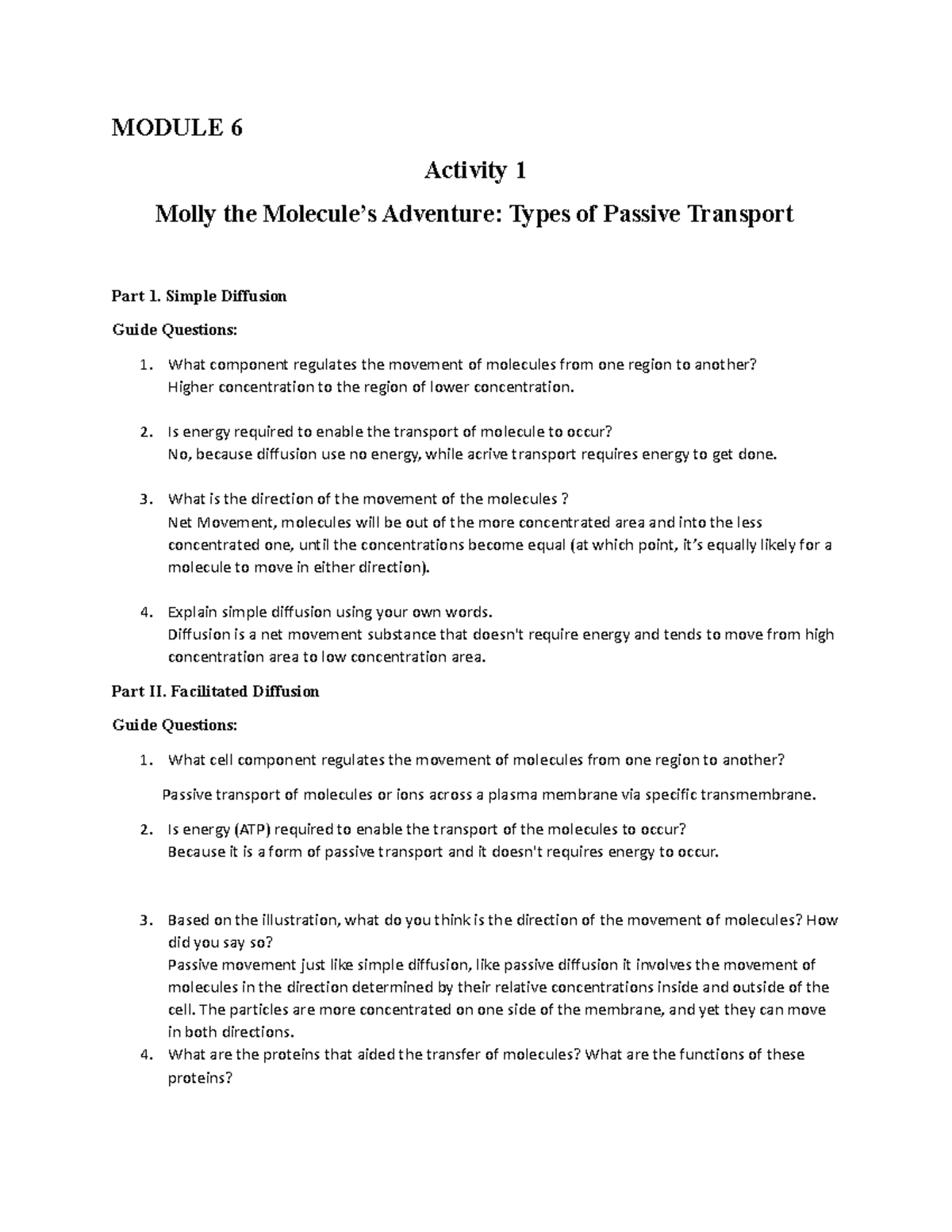 Module 6 Act. 1 - General Biology - MODULE 6 Activity 1 Molly the Molecule’s Adventure: Types of ...