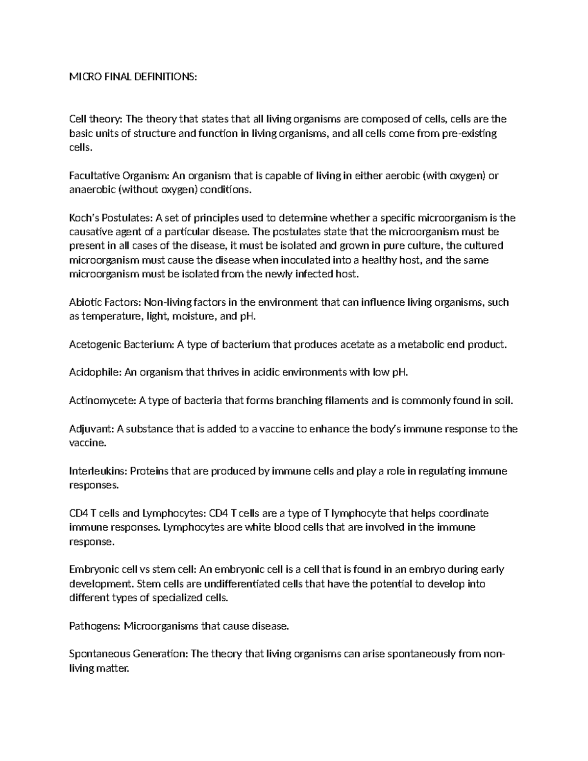 Micro Final Definitions - MICRO FINAL DEFINITIONS: Cell theory: The ...