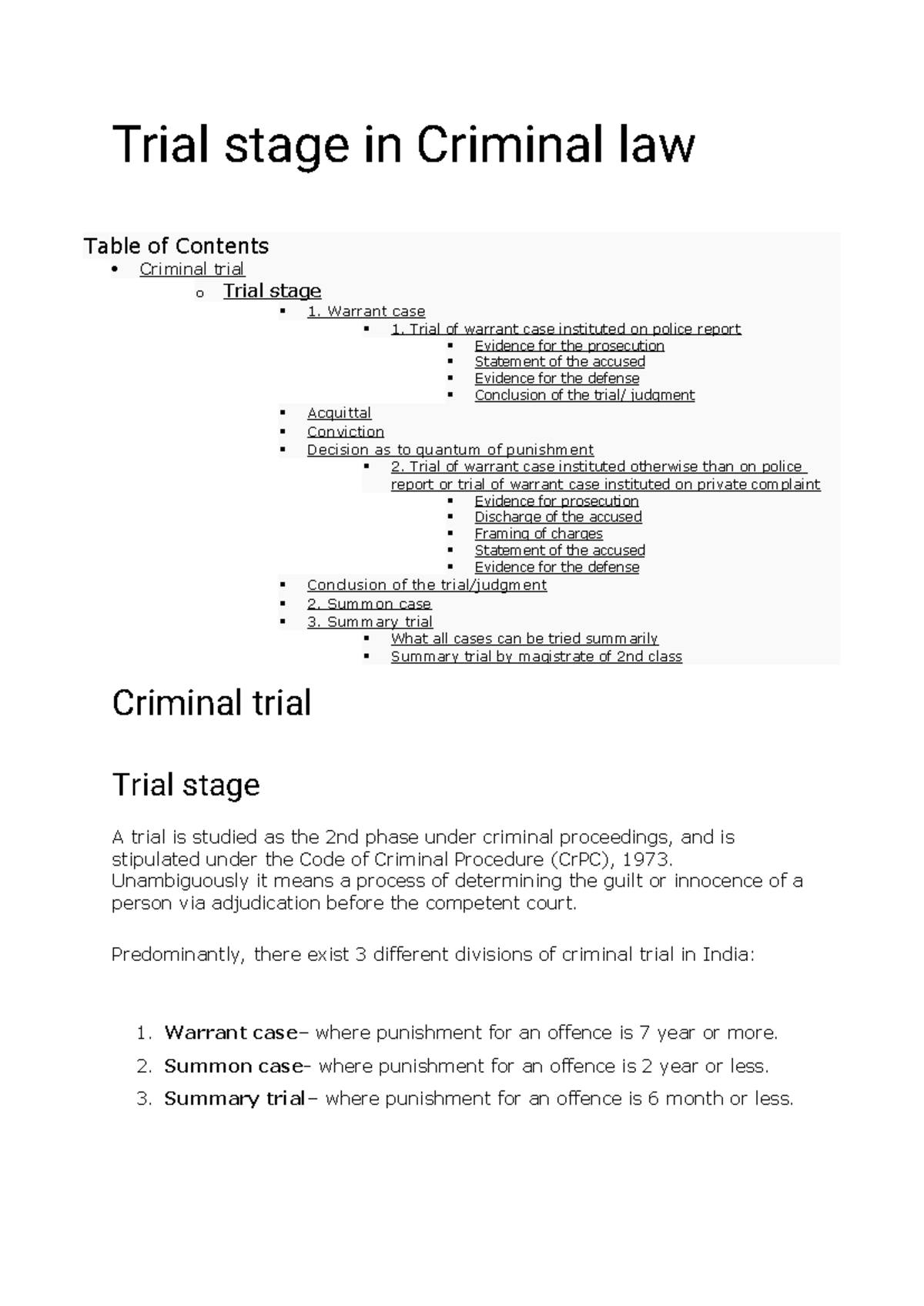 Trial stage in Criminal law - Trial stage in Criminal law Table of ...