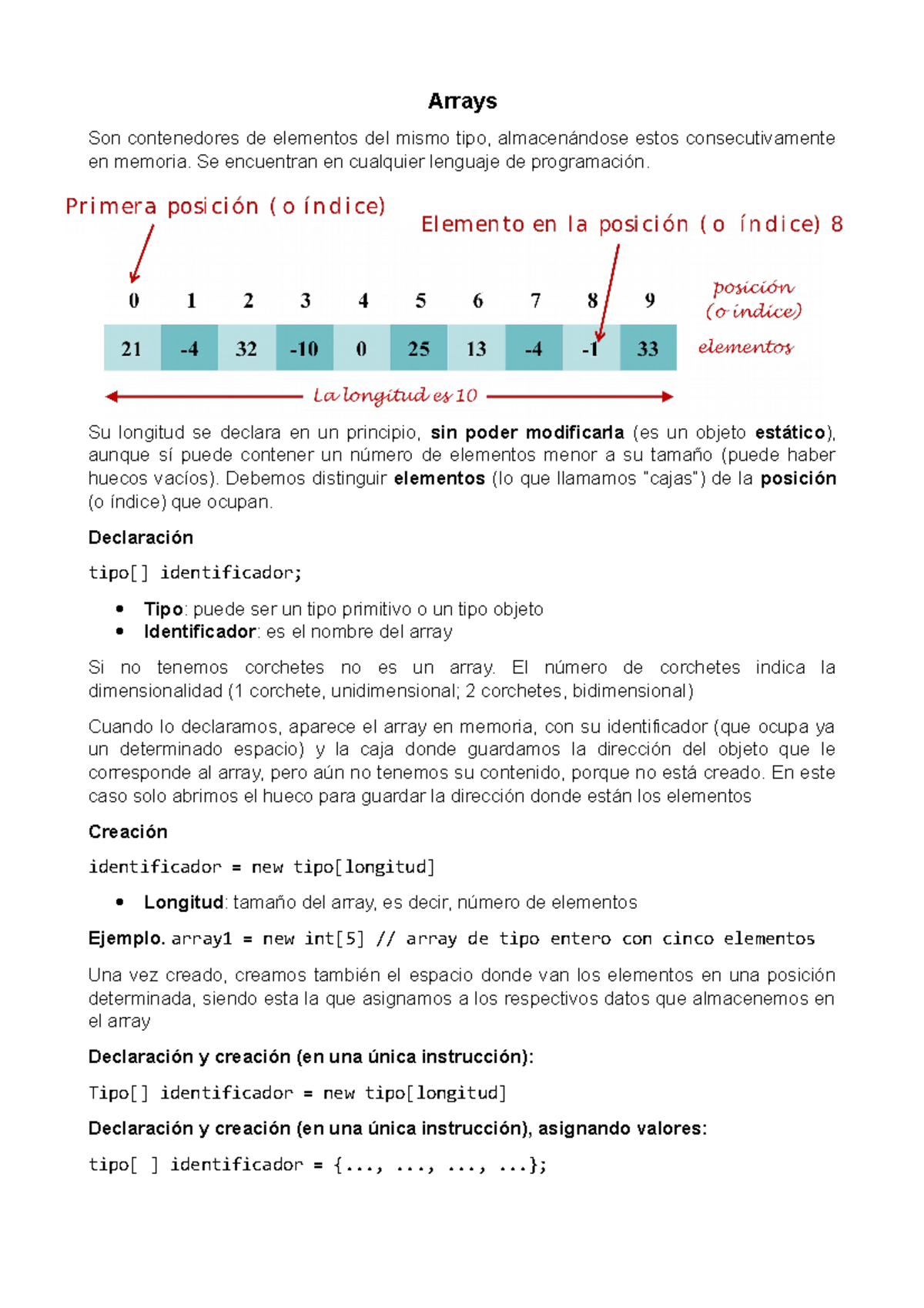 Apuntes. Tema 2 (Parte 1) - Arrays Son contenedores de elementos del ...