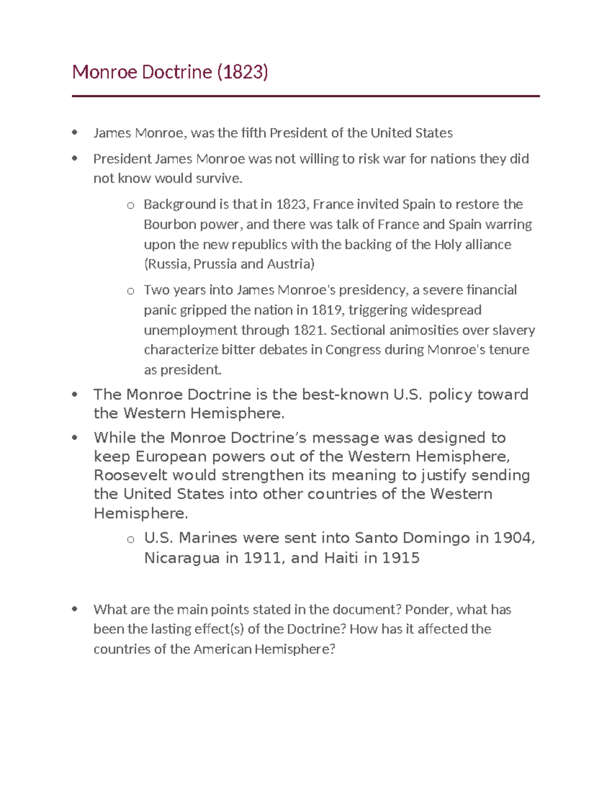 Spanish 359 - Notes - Monroe Doctrine (1823) James Monroe, was the ...