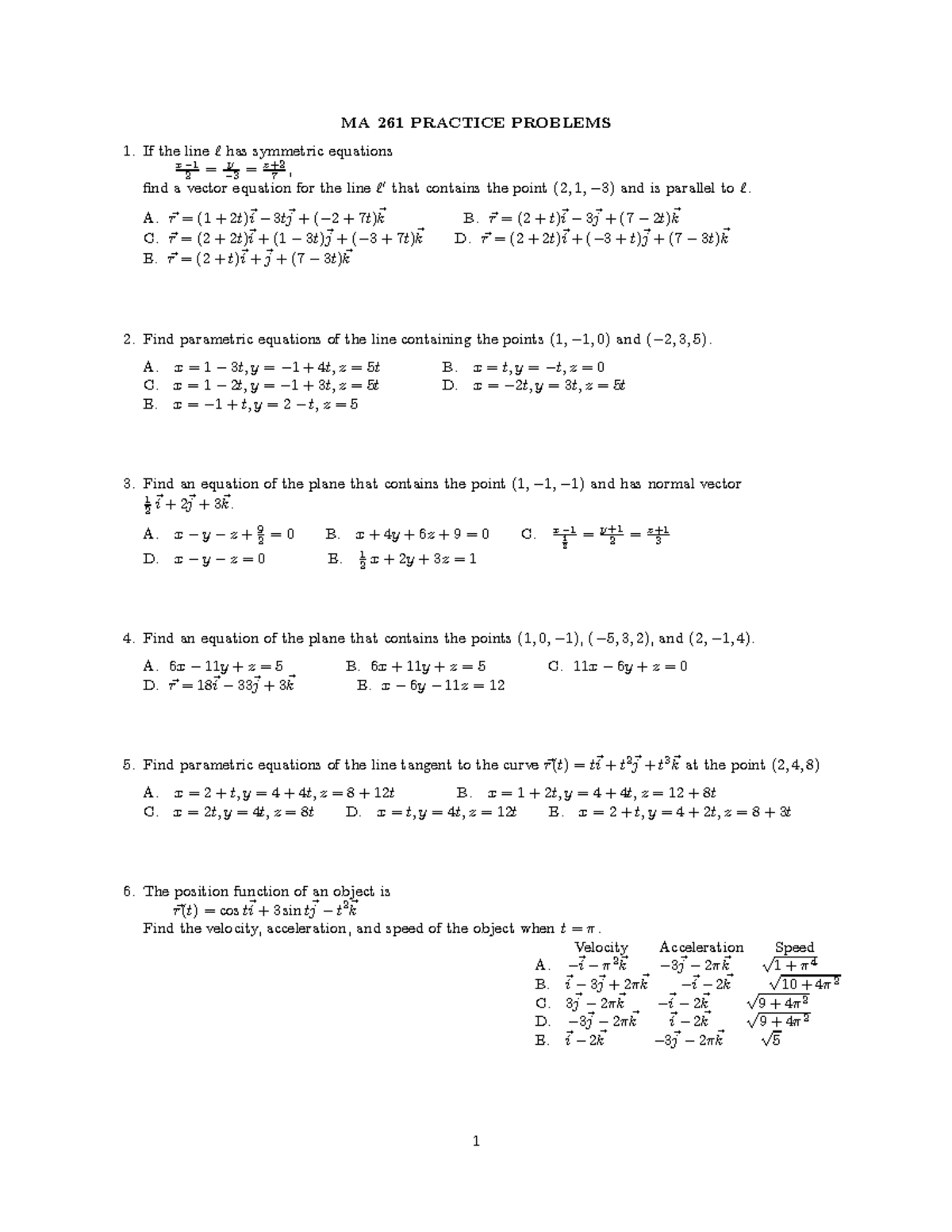 MA261Practice Problems MA 261 PRACTICE PROBLEMS If The Line Has