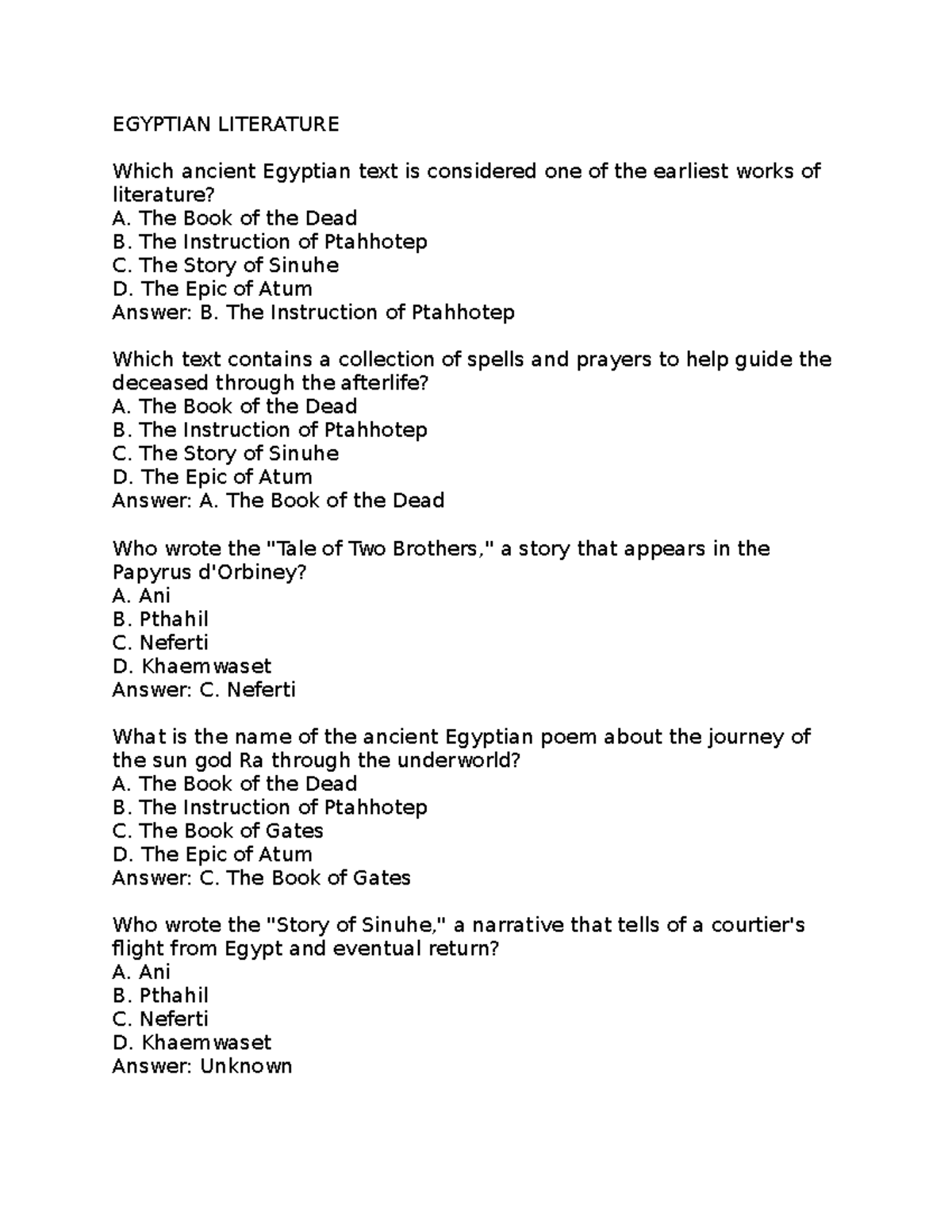 Egyptian Literature - QUIZ - EGYPTIAN LITERATURE Which ancient Egyptian ...