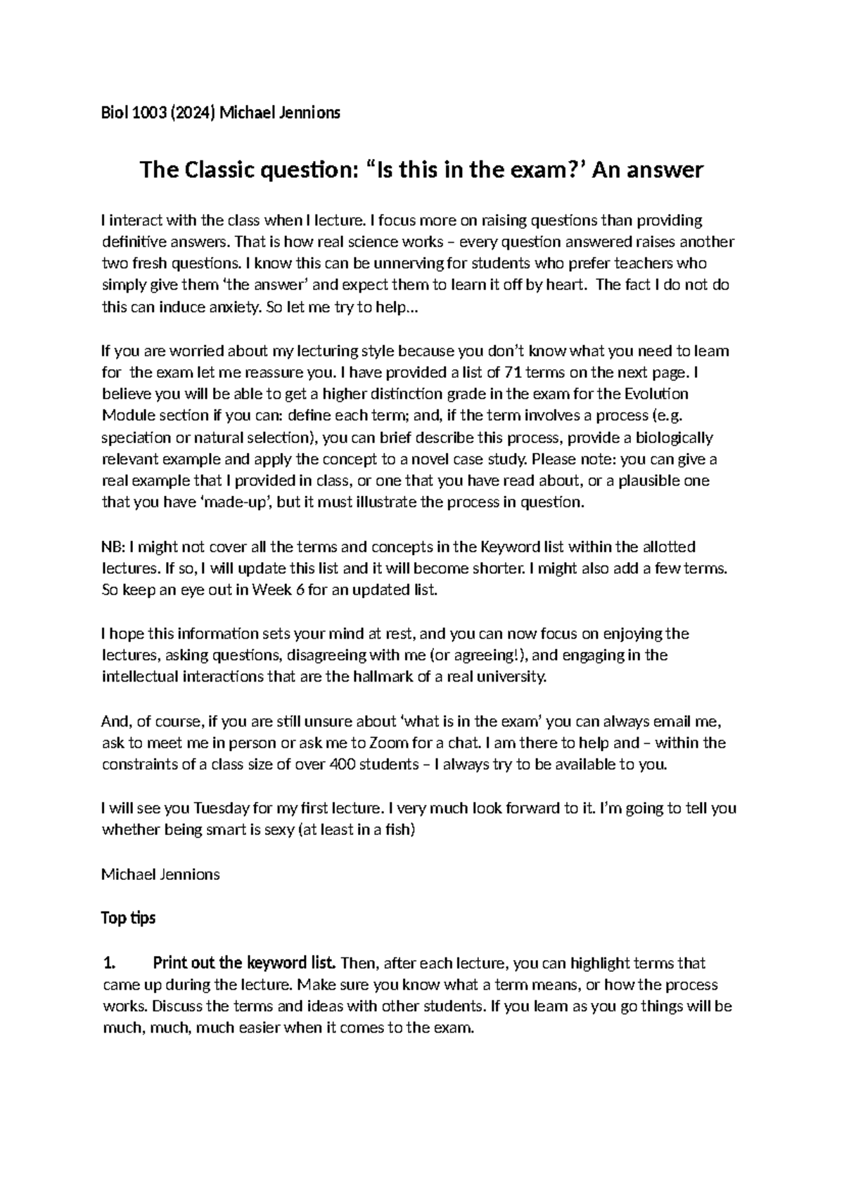 Evolution Word List - Biol 1003 (2024) Michael Jennions The Classic ...