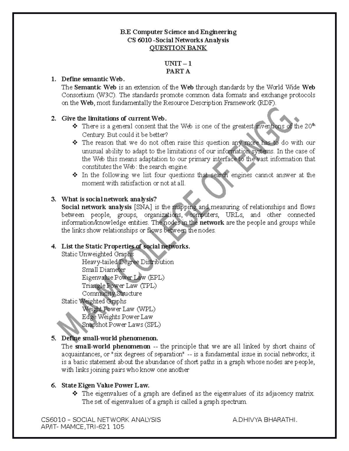 Idoc - B Computer Science and Engineering CS 6010 -Social Networks Analysis QUESTION BANK UNIT ...