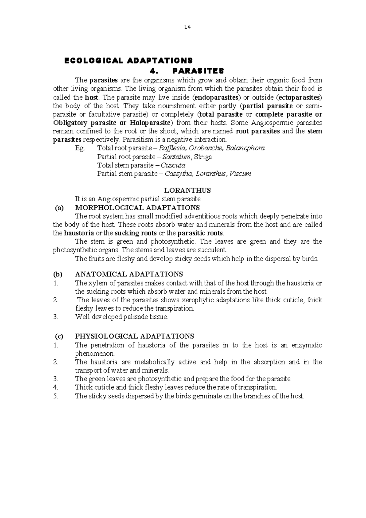 Ecology Note - 5. Parasites - 14 ECOLOGICAL ADAPTATIONS 4. PARASITES ...