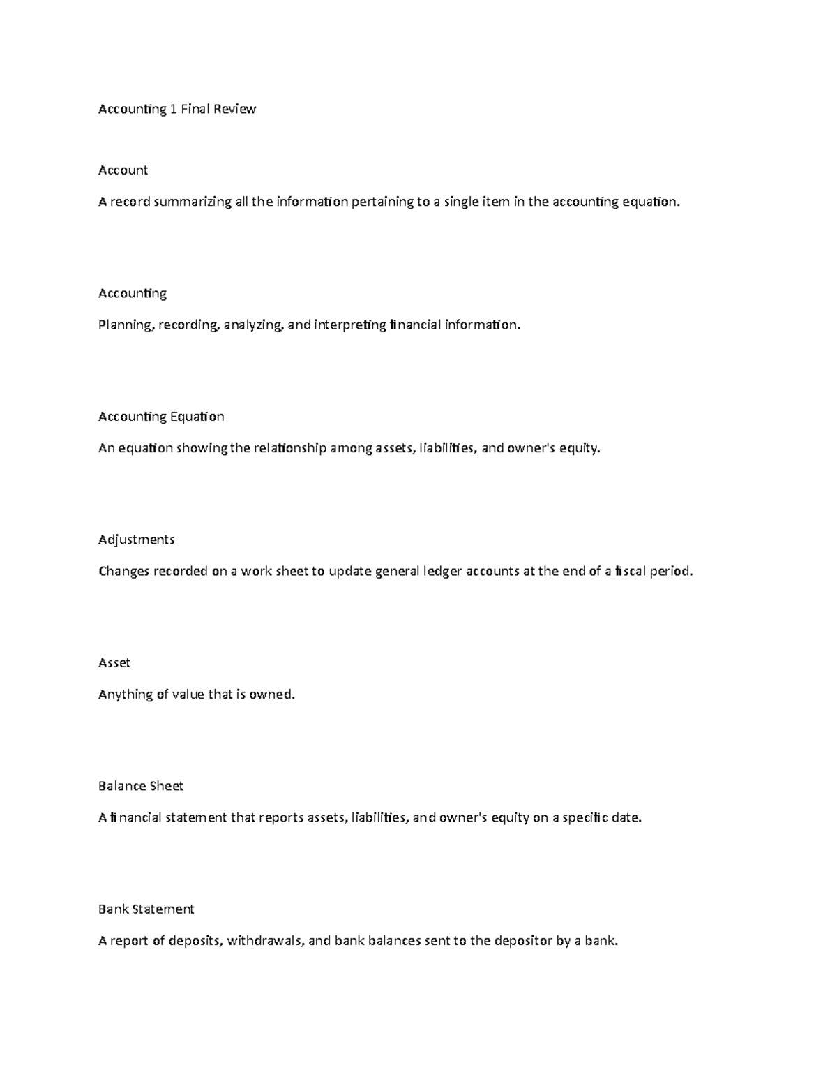 Accounting 1 Final Review - Accounting 1 Final Review Account A record ...