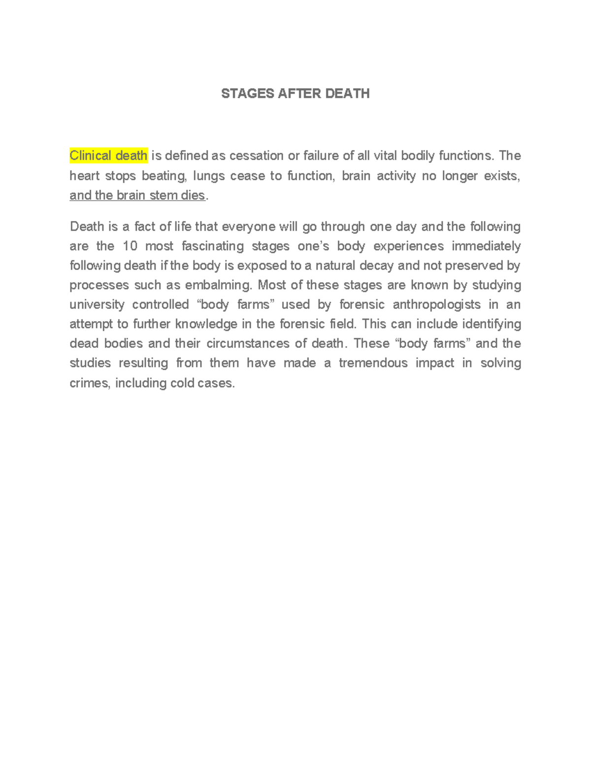 Stages After Death - notes - STAGES AFTER DEATH Clinical death is ...