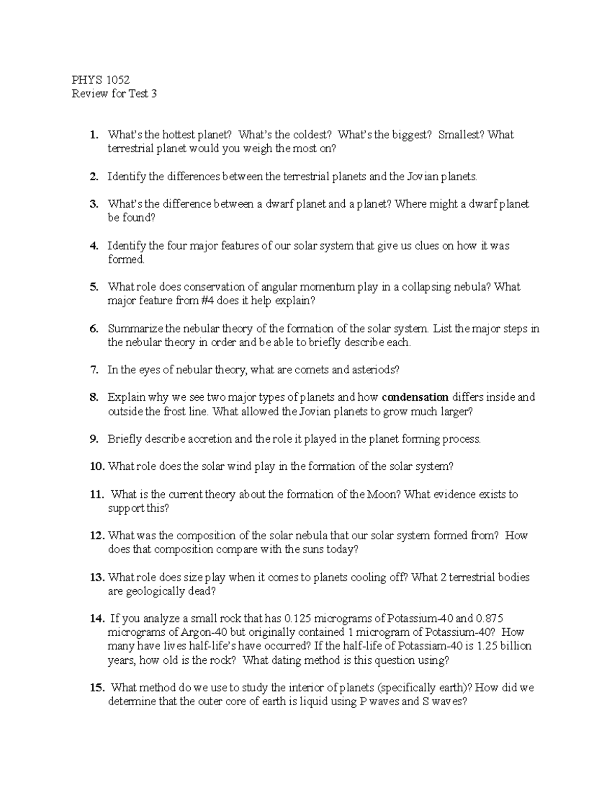 PHYS 1052 Review Test 3 - PHYS 1052 Review for Test 3 What’s the ...